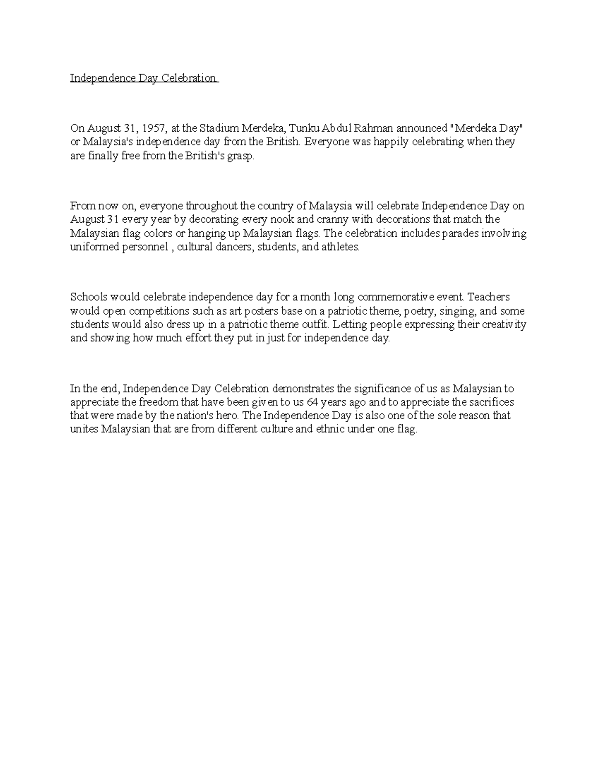 Merdeka Day Celebration Essay ElijahabbHopkins