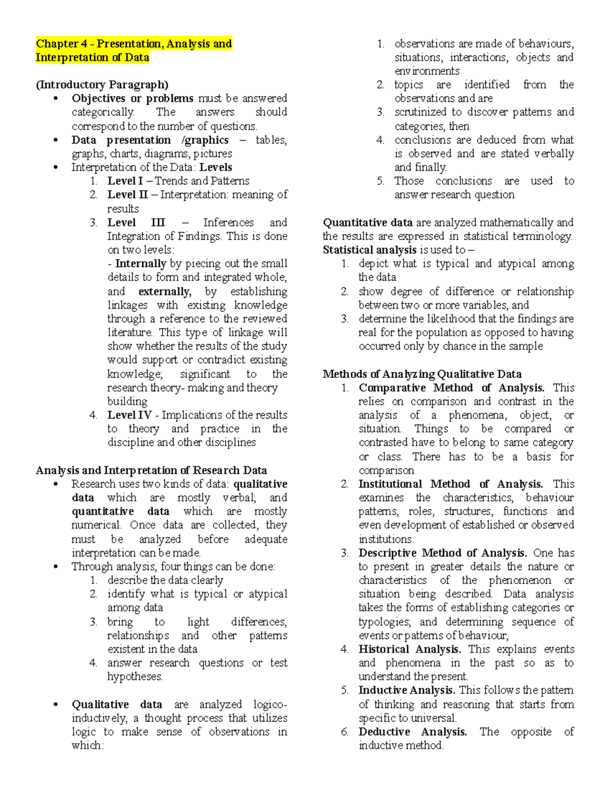 Chapter 4 Handout Chapter 4 Presentation Analysis And
