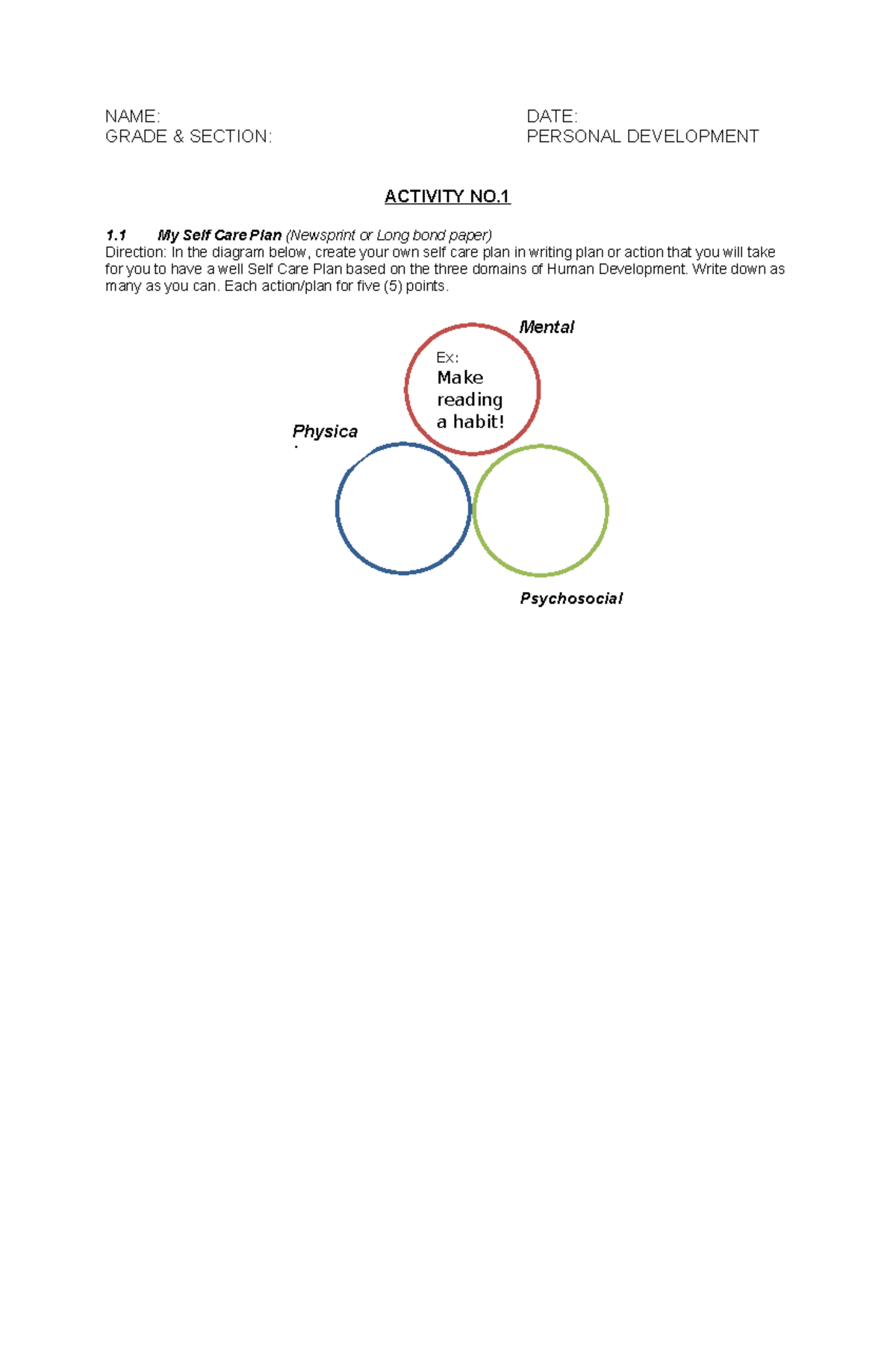 Perdev- Activity 1 - NAME: DATE: GRADE & SECTION: PERSONAL DEVELOPMENT ...