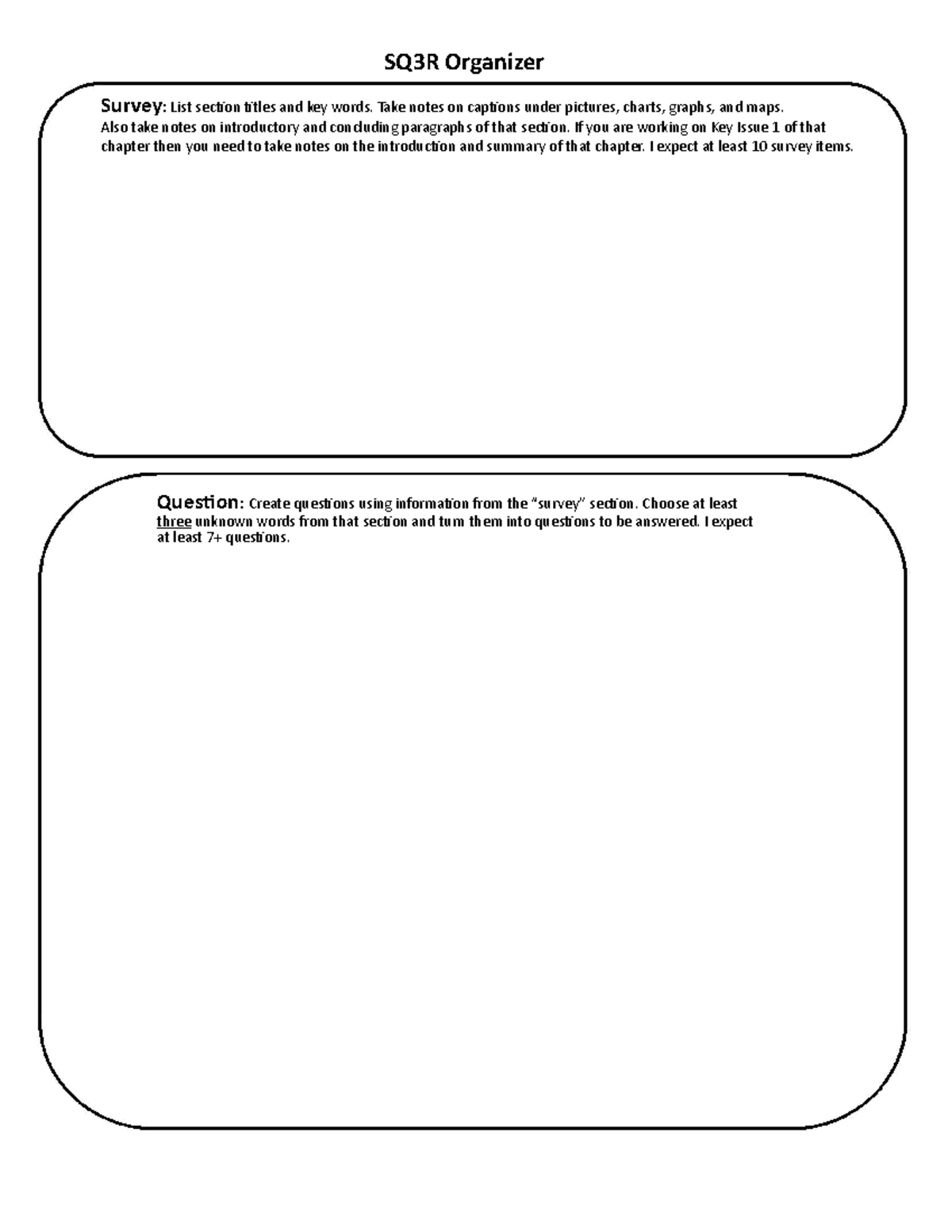 SQ3R Graphic Organizer - SQ3R Organizer Survey: List section titles and ...