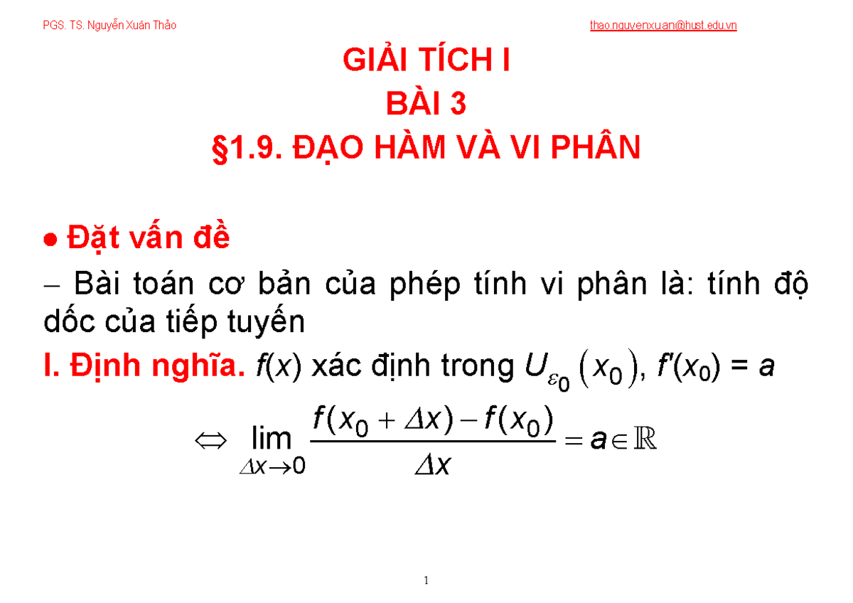 Bai 3 GT I-BK 18.10. 2021 - GIẢI TÍCH I BÀI 3 §1. ĐẠO HÀM VÀ VI PHÂN ...