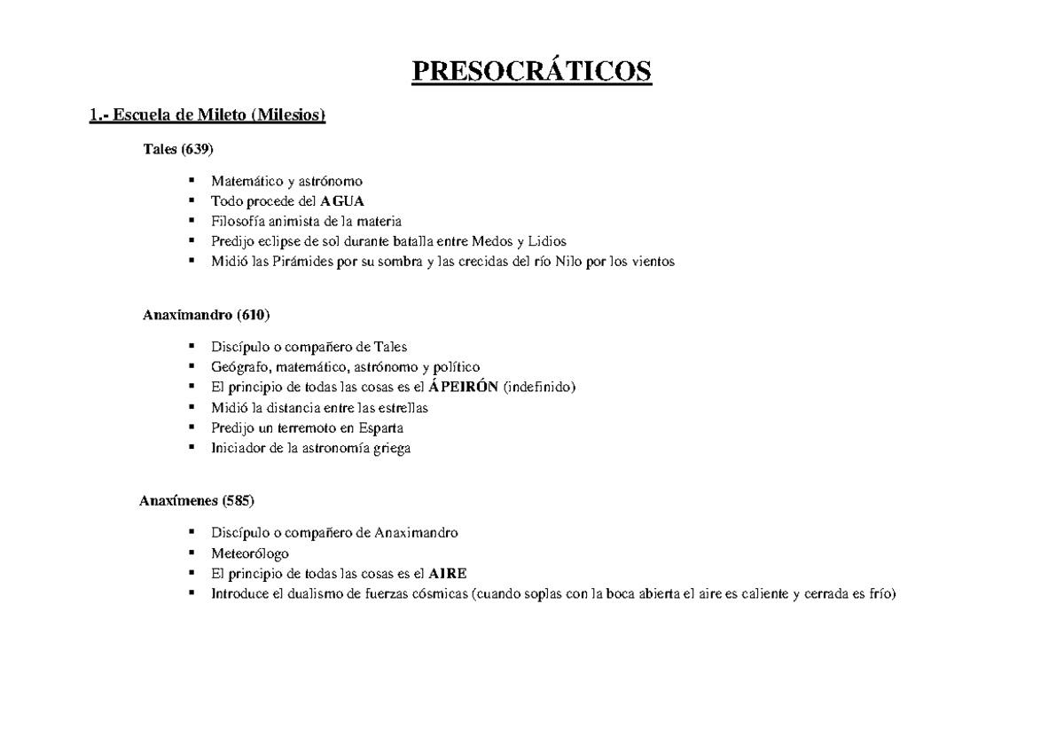 Presocráticos - Resumenes Presocraticos - PRESOCRÁTICOS 1.- Escuela de ...