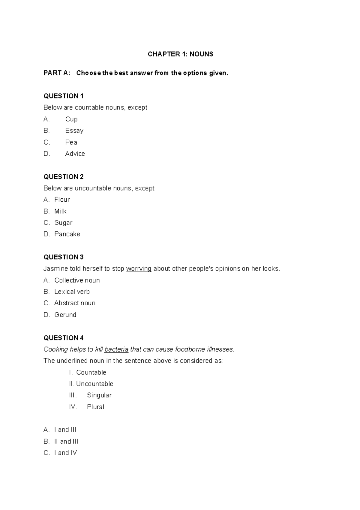 NOUNS MODULE (Grammar | ) - CHAPTER 1: NOUNS PART A: Choose the best answer from the options ...