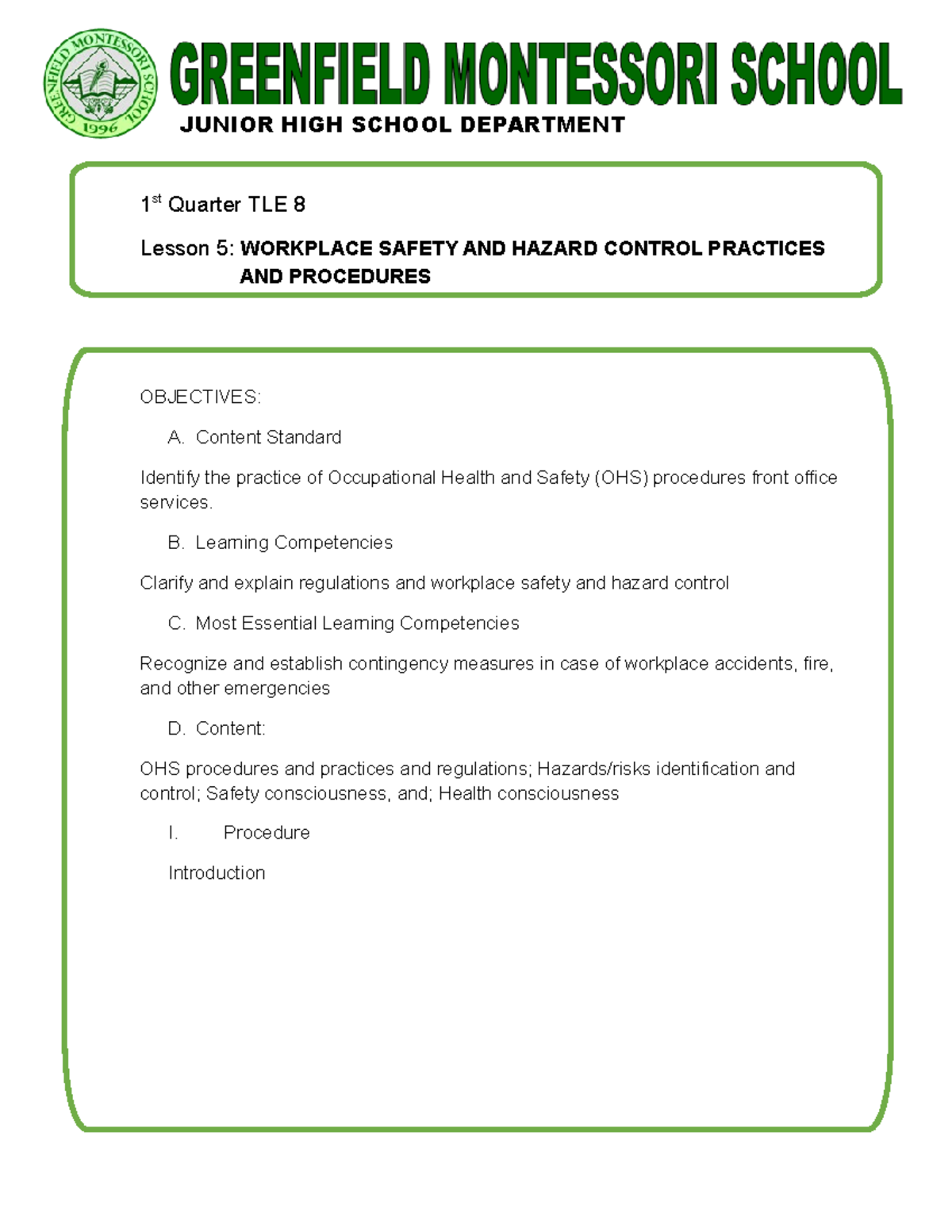 TLE8-Lesson-5 FOS - module - 1 st Quarter TLE 8 Lesson 5: WORKPLACE ...