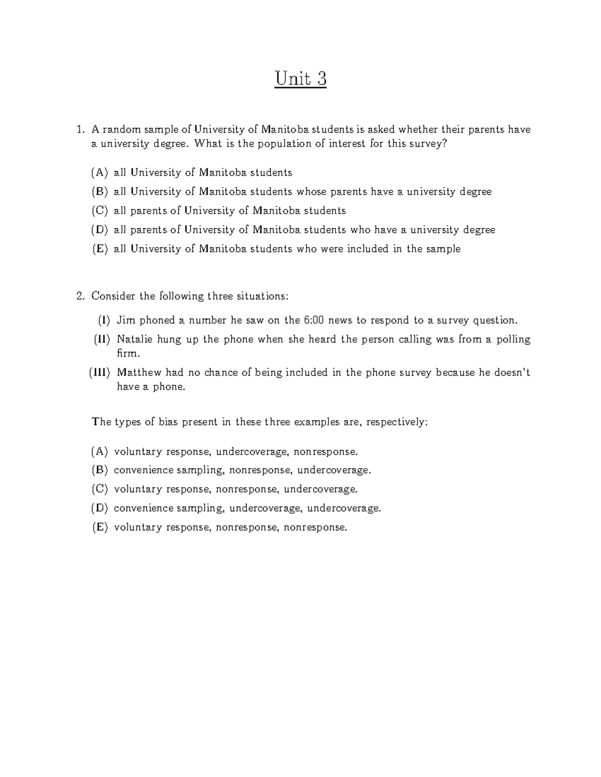 Unit 3 Multiple Choice - syllabus - Unit 3 A random sample of ...