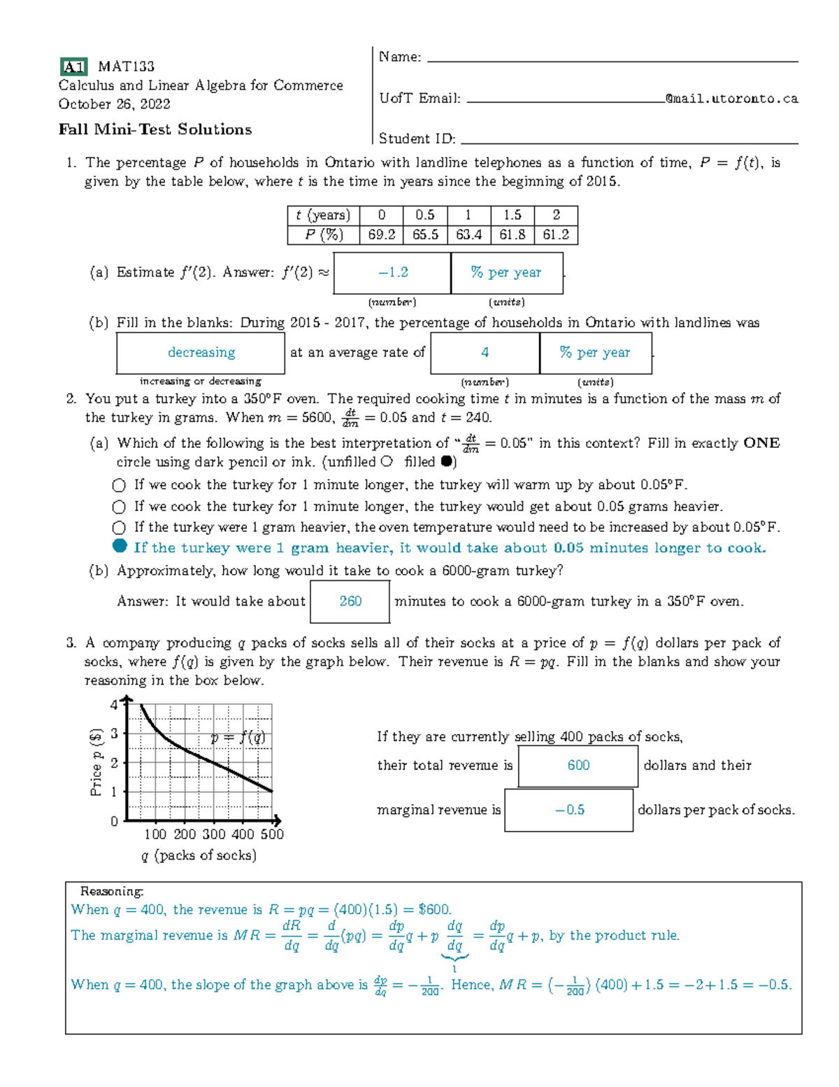 MAT133 fall mini test A1 (with solutions) - A1 MAT Calculus and Linear ...