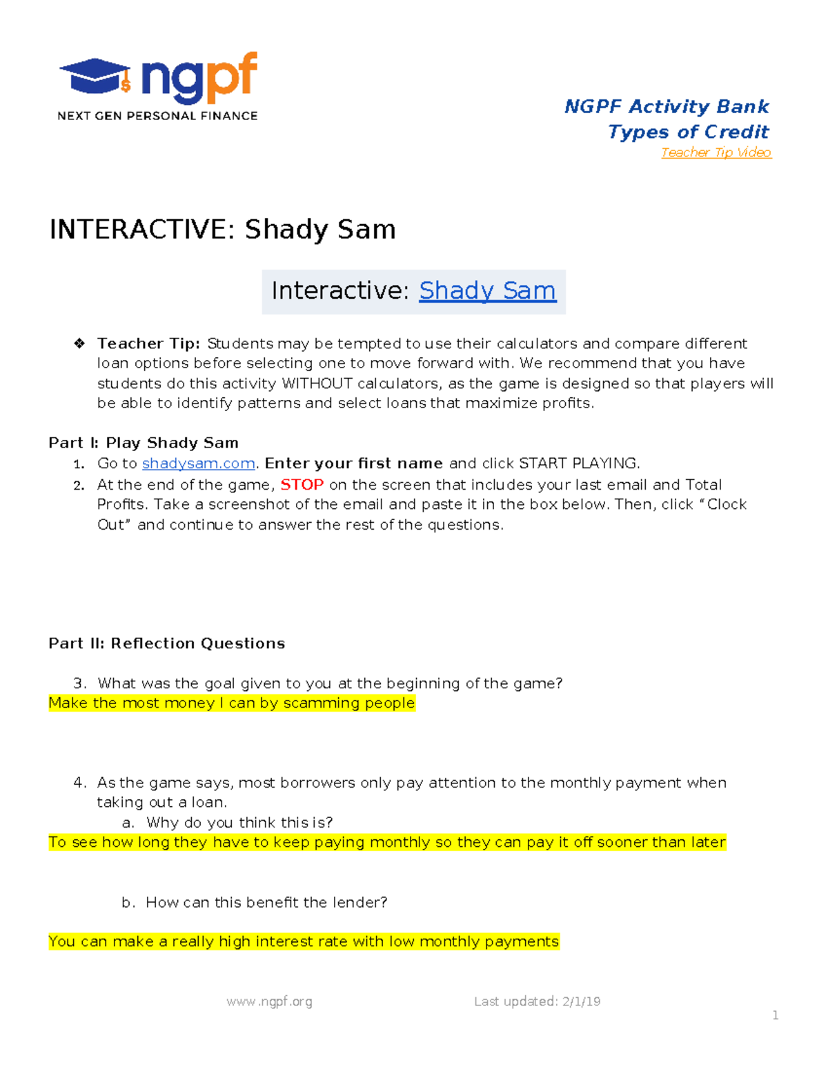 Interactive Shady Sam - Busy work - NGPF Activity Bank Types of Credit ...
