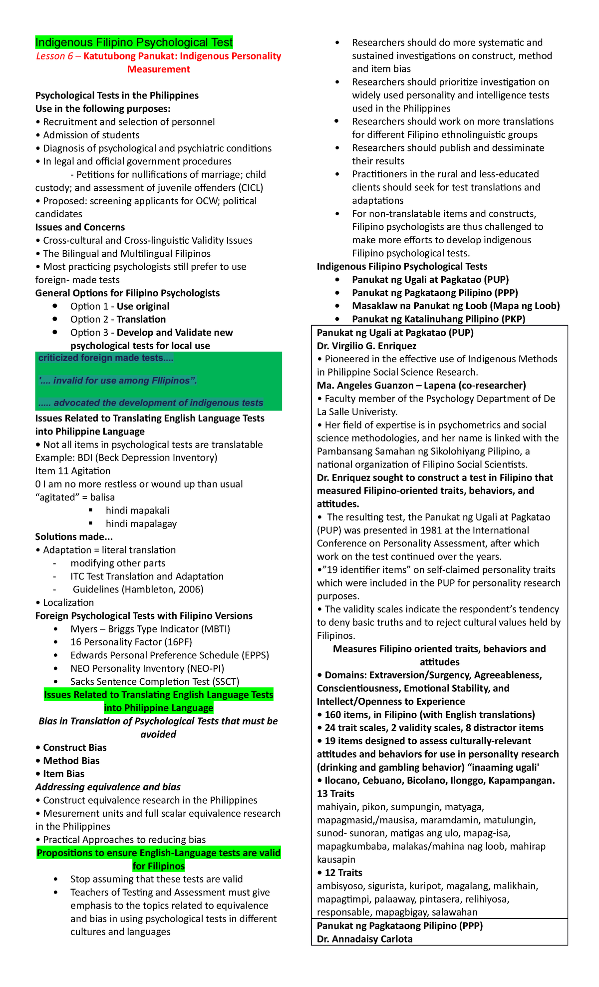 Filipino - N/A - Indigenous Filipino Psychological Test Lesson 6 ...