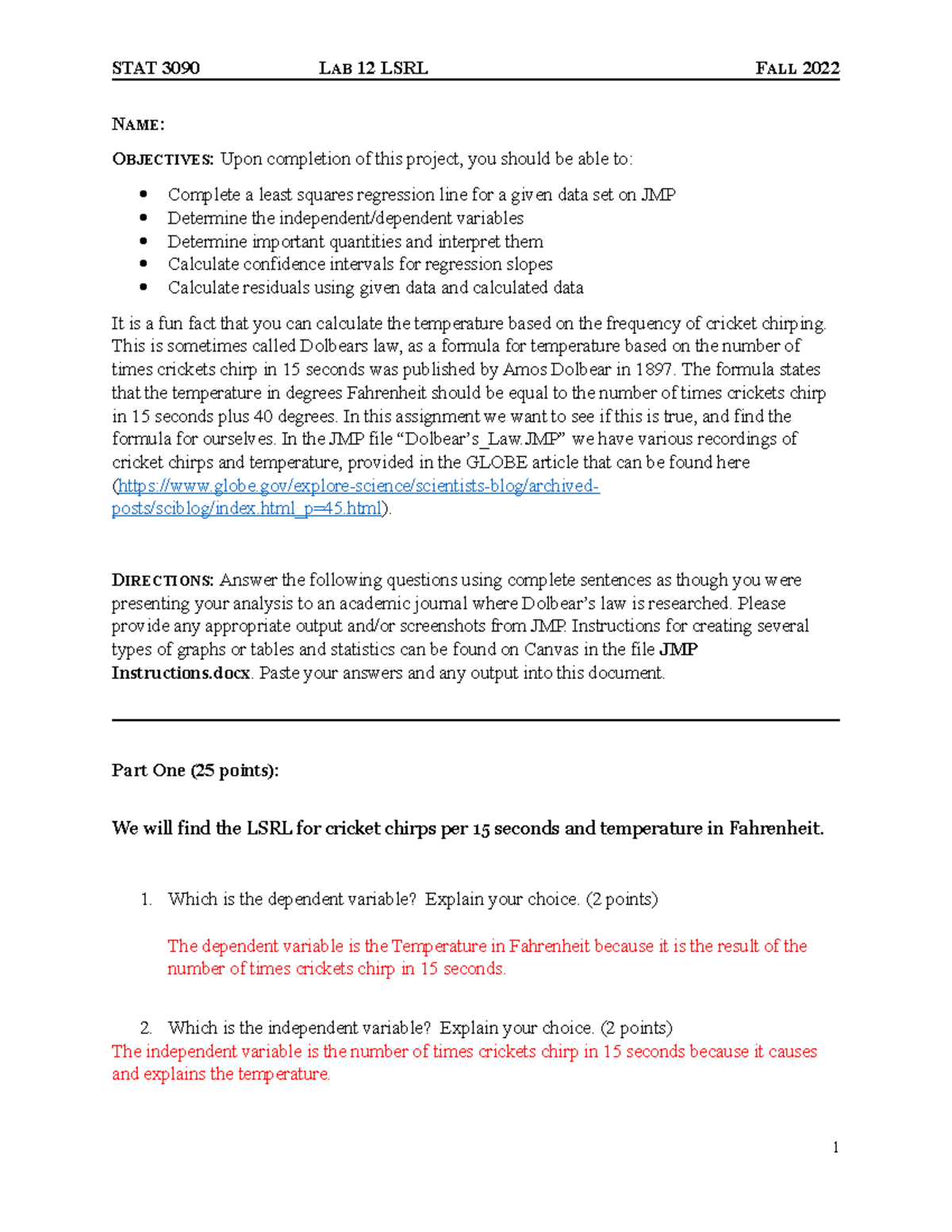 STAT 3090- Lab 12 - NAME: OBJECTIVES: Upon completion of this project ...