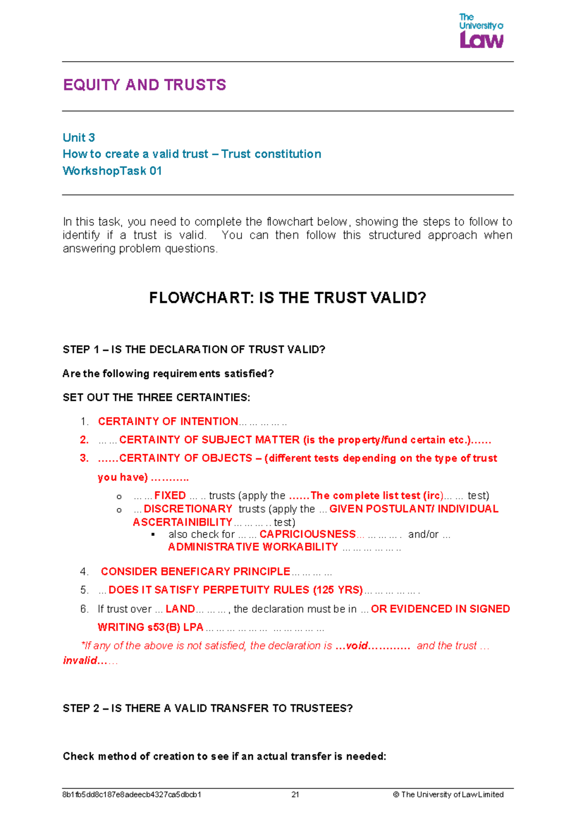 Valid Trust HELP Sheet UNIT 2&3 - EQUITY AND TRUSTS Unit 3 How to create a valid trust – Trust ...