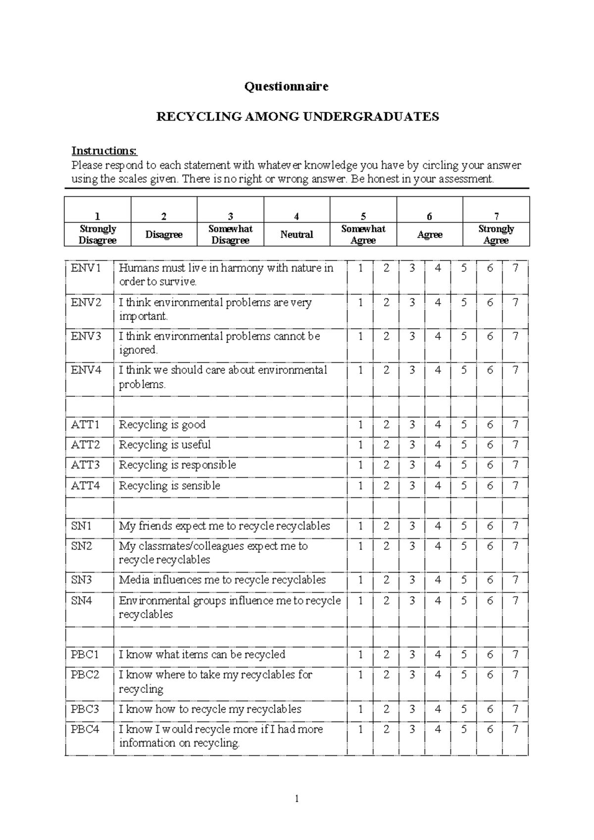 Questionaire Recycling Among Undergraduates - Questionnaire RECYCLING ...