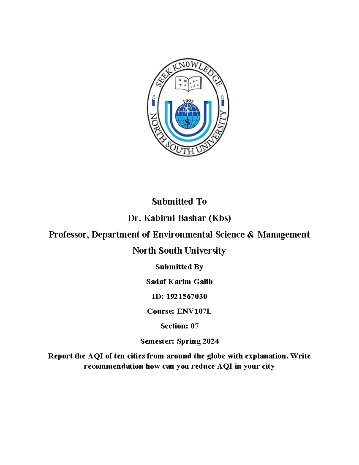 ENV lab 2 - Submitted To Dr. Kabirul Bashar (Kbs) Professor, Department of Environmental Science ...