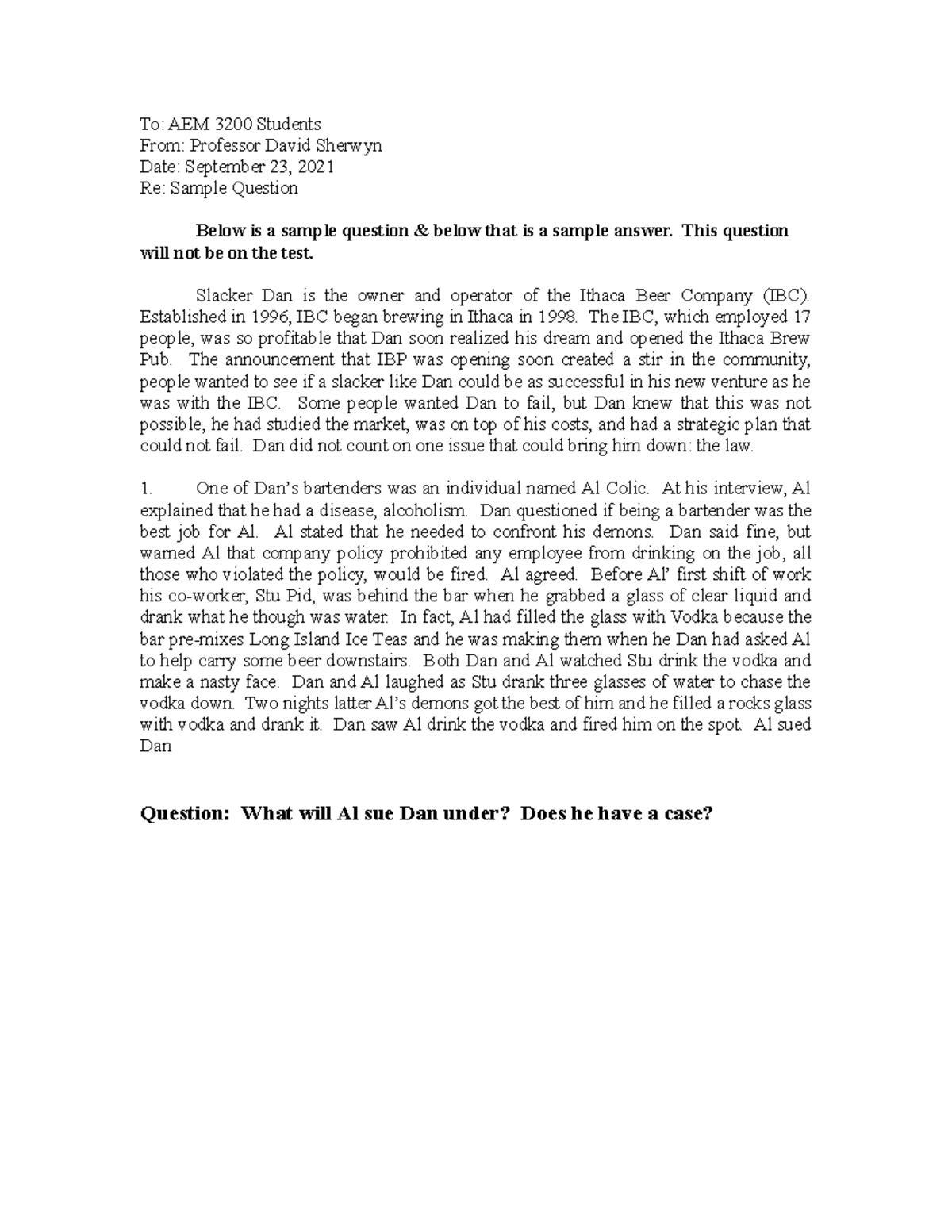 Prelim 1 Sample Question - To: AEM 3200 Students From: Professor David ...