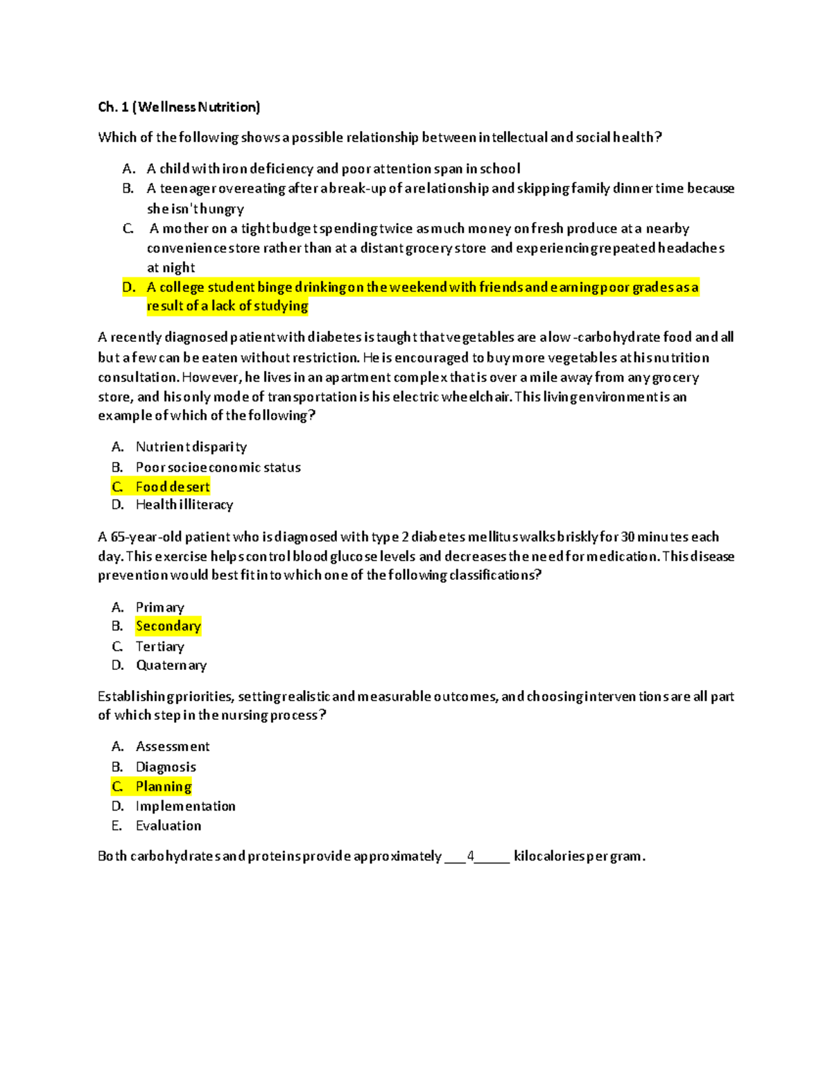 Nutrition Comprehensive KEY - Ch. 1 (Wellness Nutrition) Which of the ...