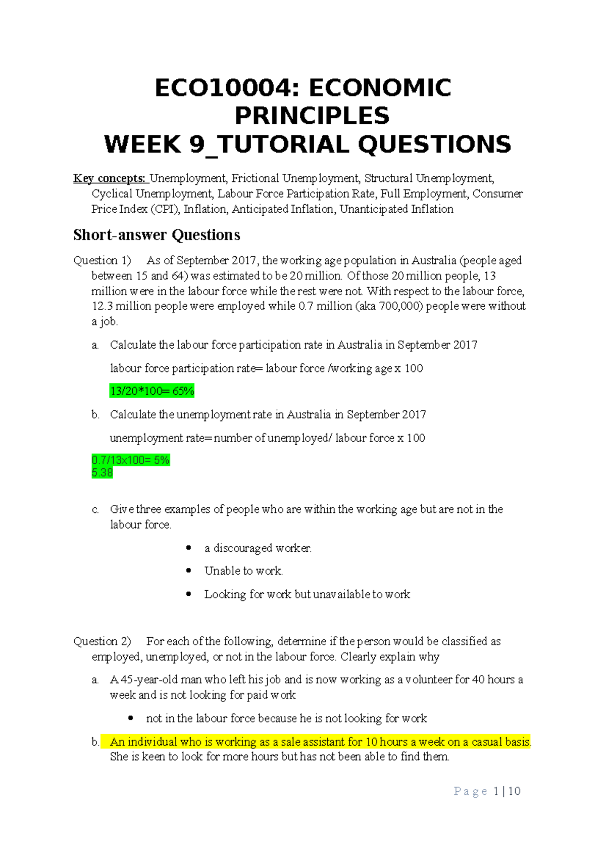 Week 9 Tutorial - answered - ECO10004: ECONOMIC PRINCIPLES WEEK 9 ...