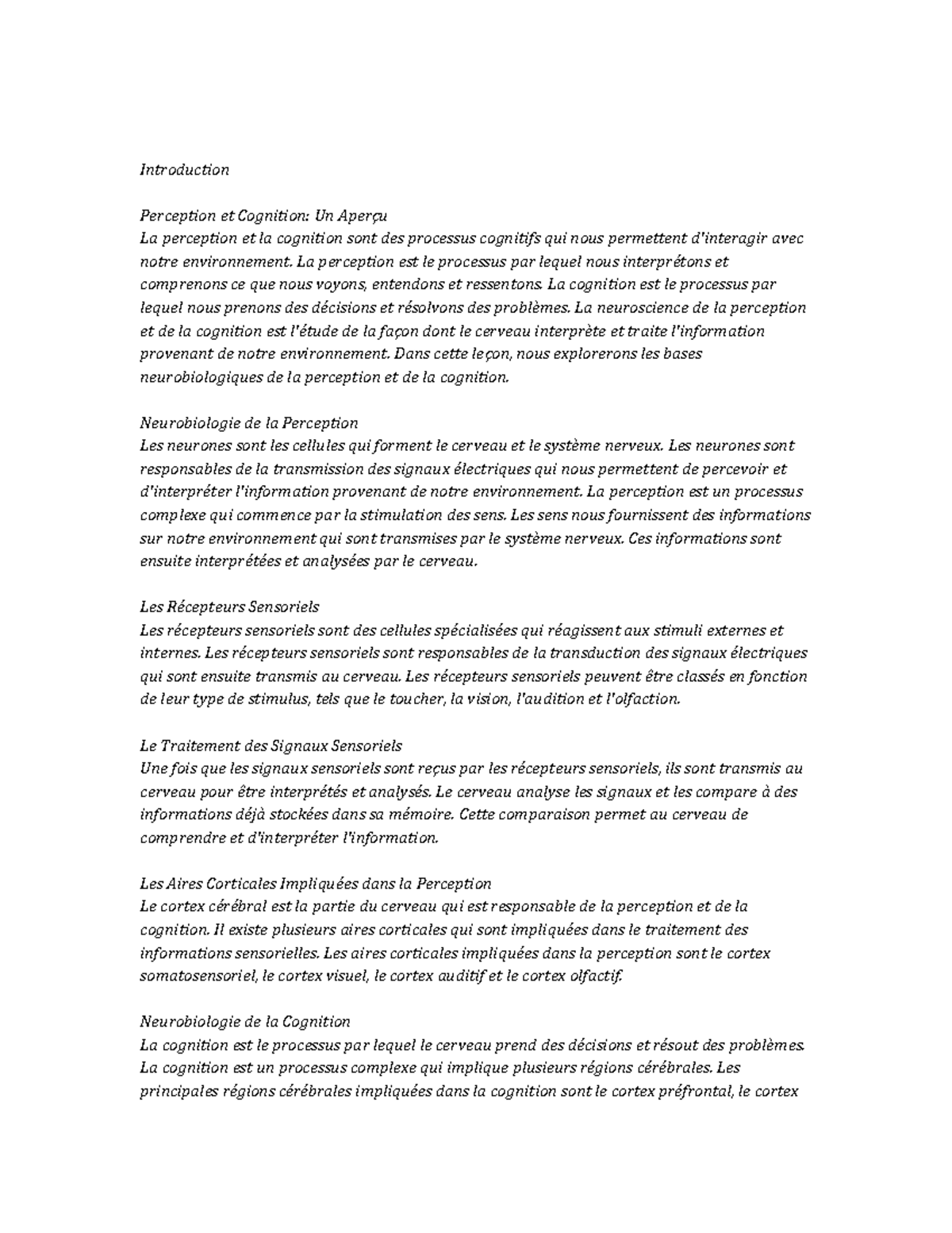 Neuroscience of Perception and Cognition - Introduction Perception et ...