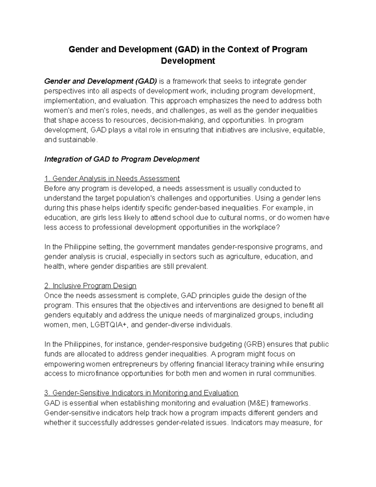Gender and Development (GAD) in the Context of Program Development ...