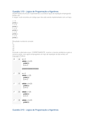 Provas 1 2 e 3 APOL Lógica de Programação e Algoritmos - Questão 1/10 ...