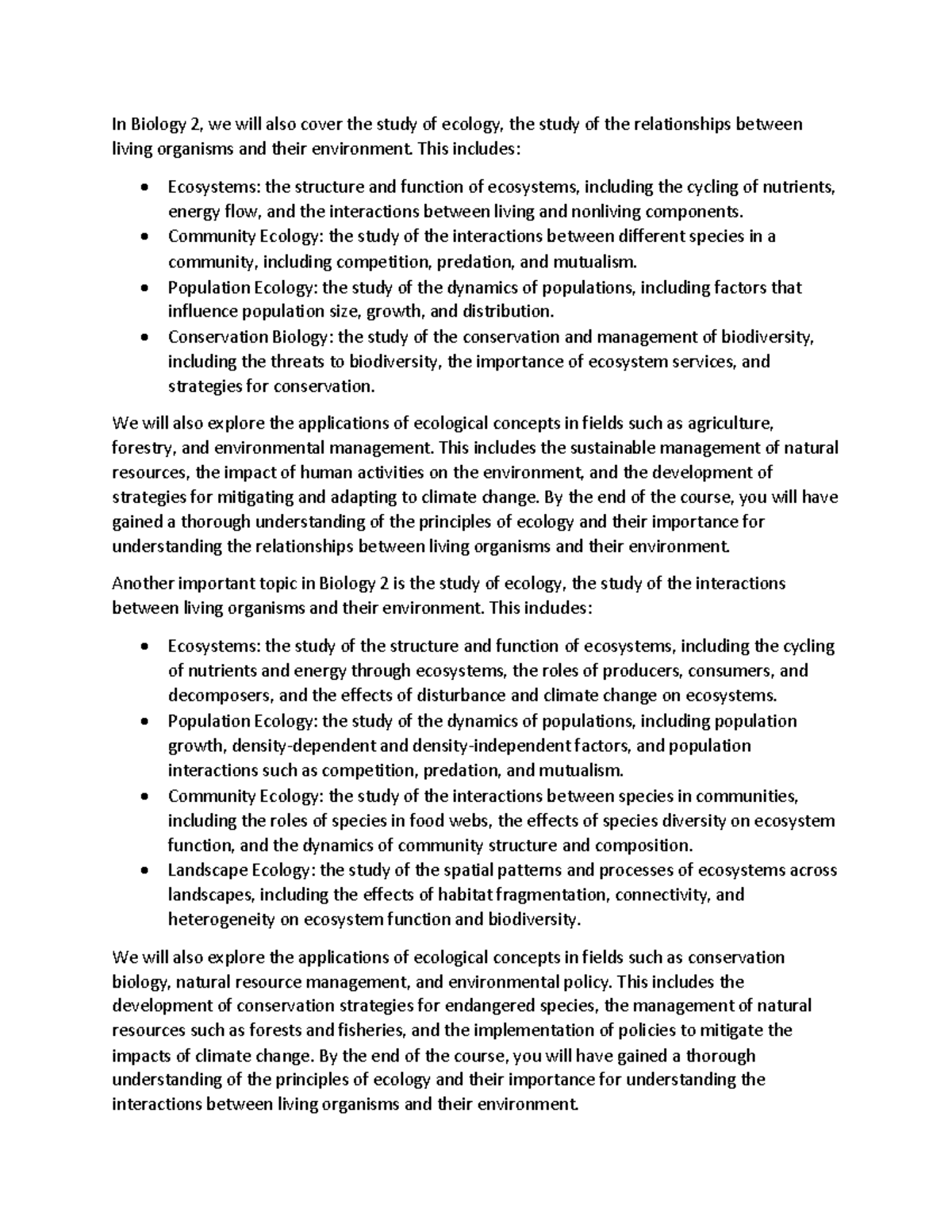 Bio2 - Bio2 - In Biology 2, we will also cover the study of ecology ...