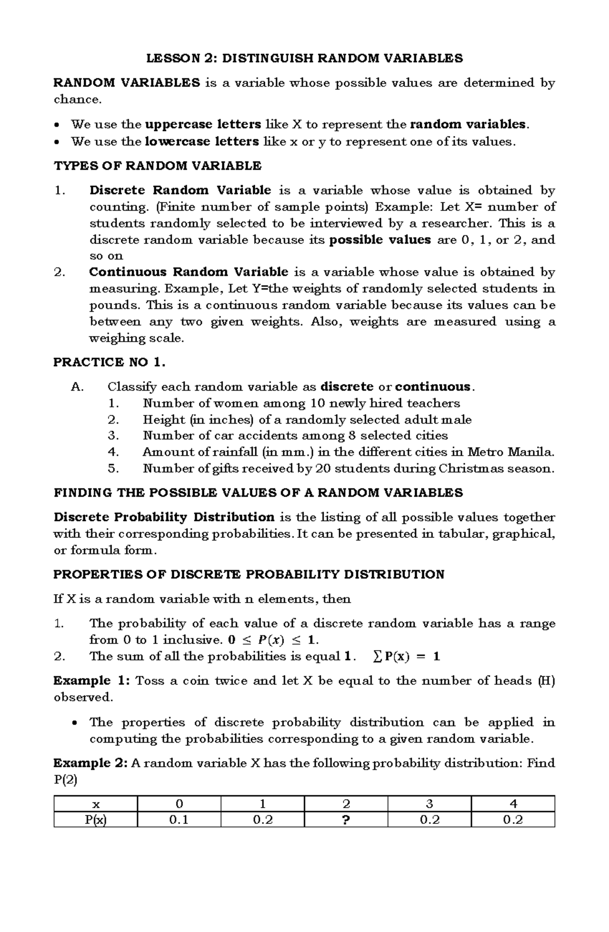 Lesson 2 Random Variables Lesson 2 Distinguish Random Variables Random Variables Is A 3240