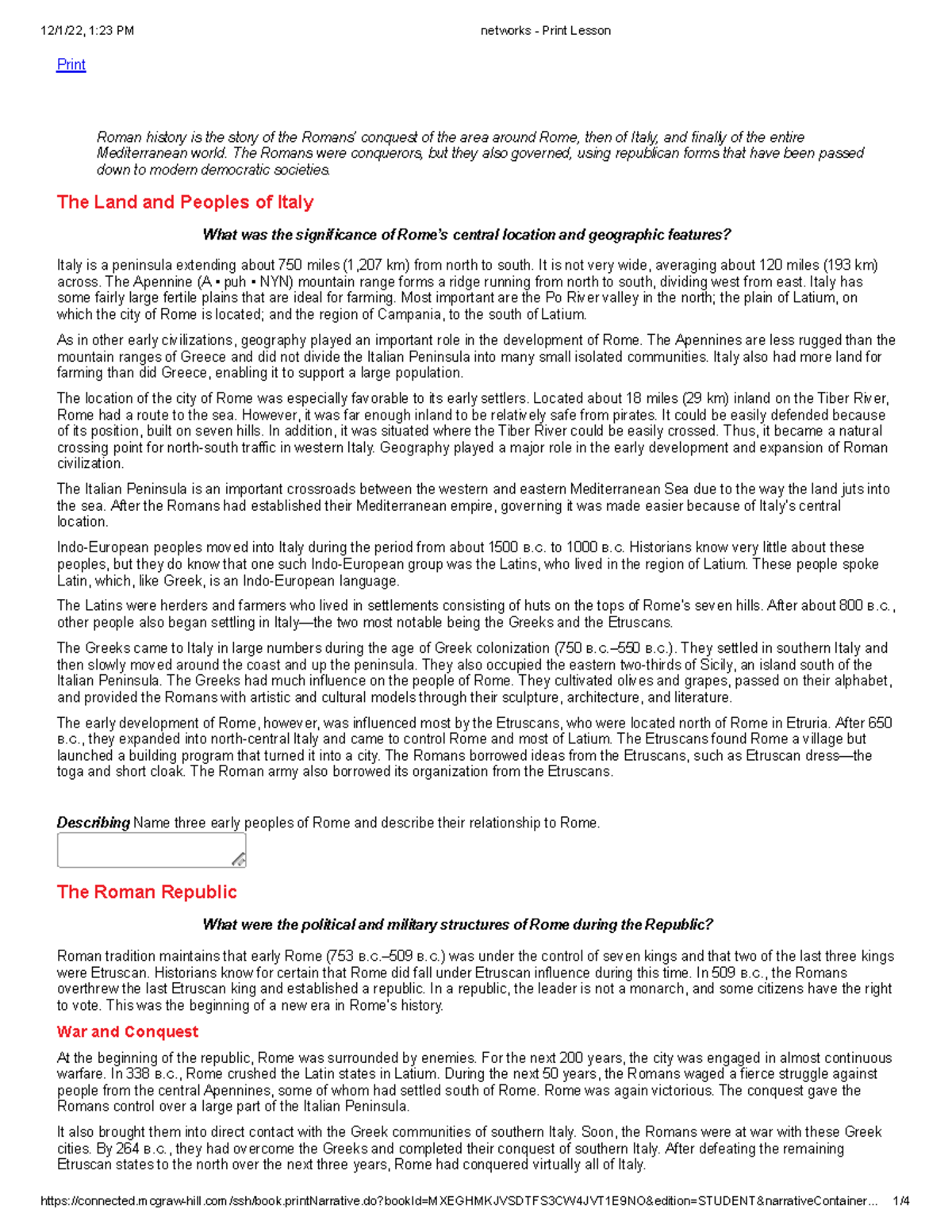 The Rise of Rome CH 7 Sec 1 - Print Roman history is the story of the Romans’ conquest of the ...