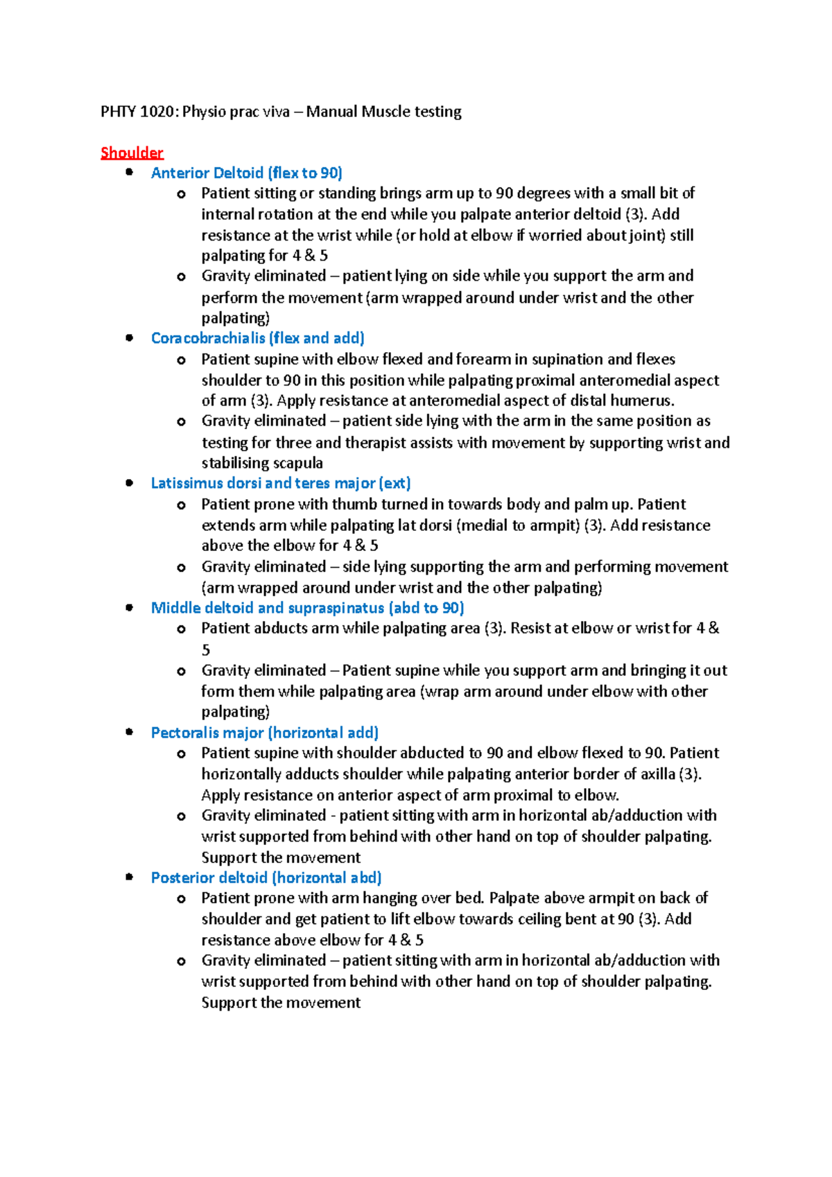 Physio prac viva MMT - Manual Muscle Testing for PHTY1020 prac viva ...