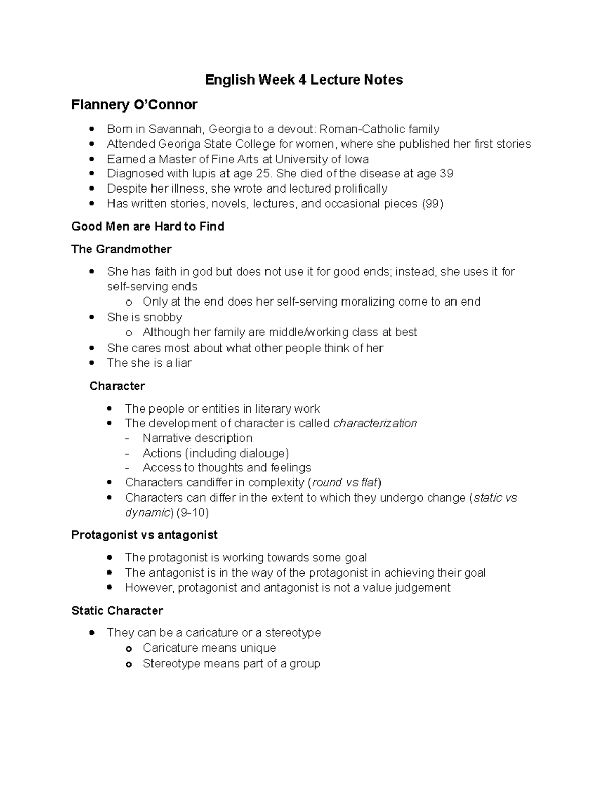 English Week 4 Lecture Notes English Week 4 Lecture Notes Flannery O Connor Born In Savannah