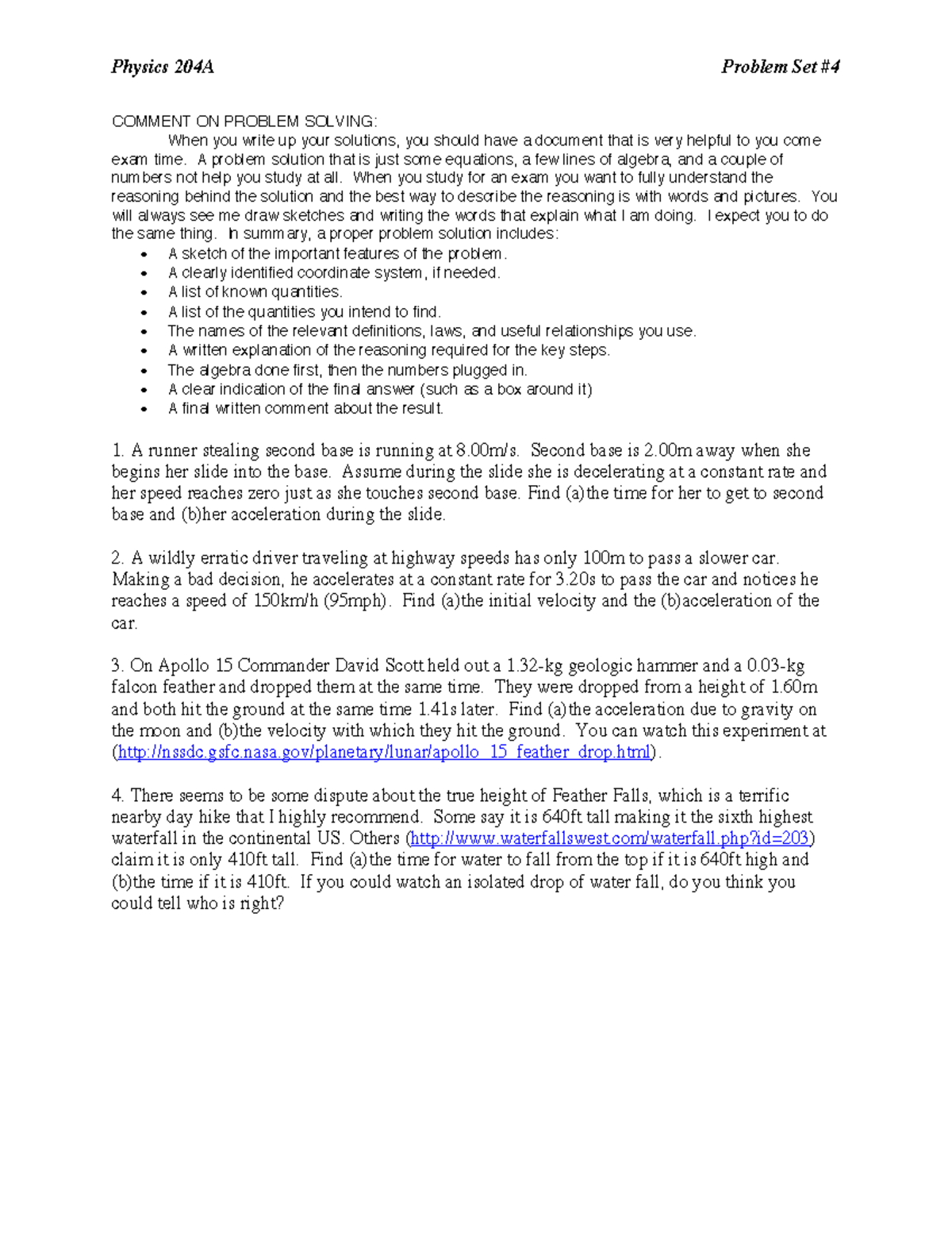 Tutorial 4 - Constant Acceleration & Freefall - Physics 204A Problem Set COMMENT ON PROBLEM ...