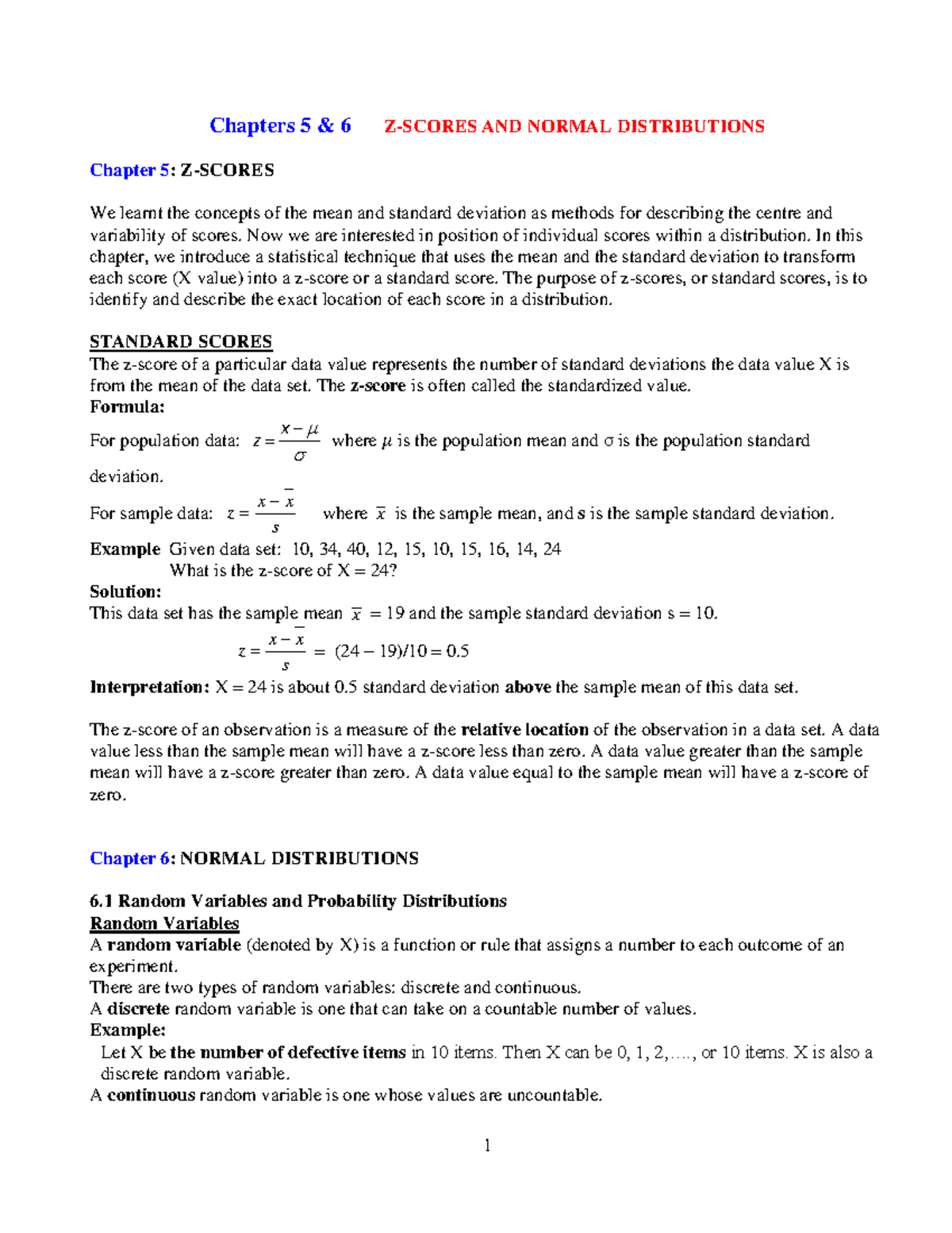 Chapter 5 & 6 - Notes - Normal Distributions - Chapters 5 & 6 Z-SCORES ...