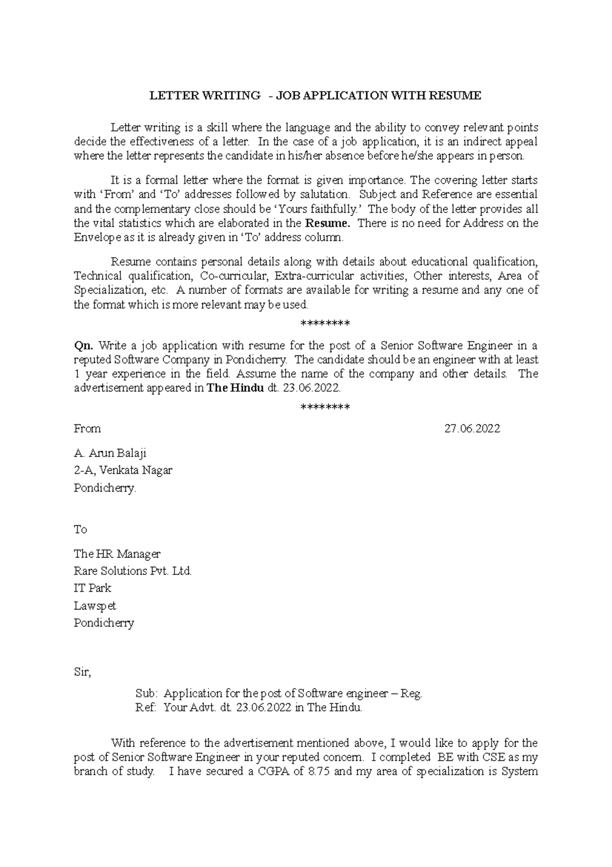 Job Application Resume - LETTER WRITING - JOB APPLICATION WITH RESUME ...