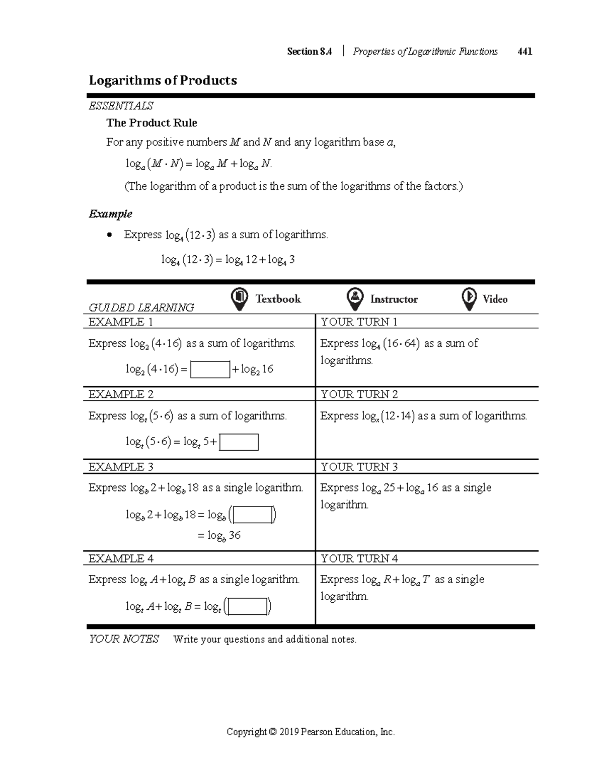 Section 8 - Practice materials. - Logarithms of Products ...