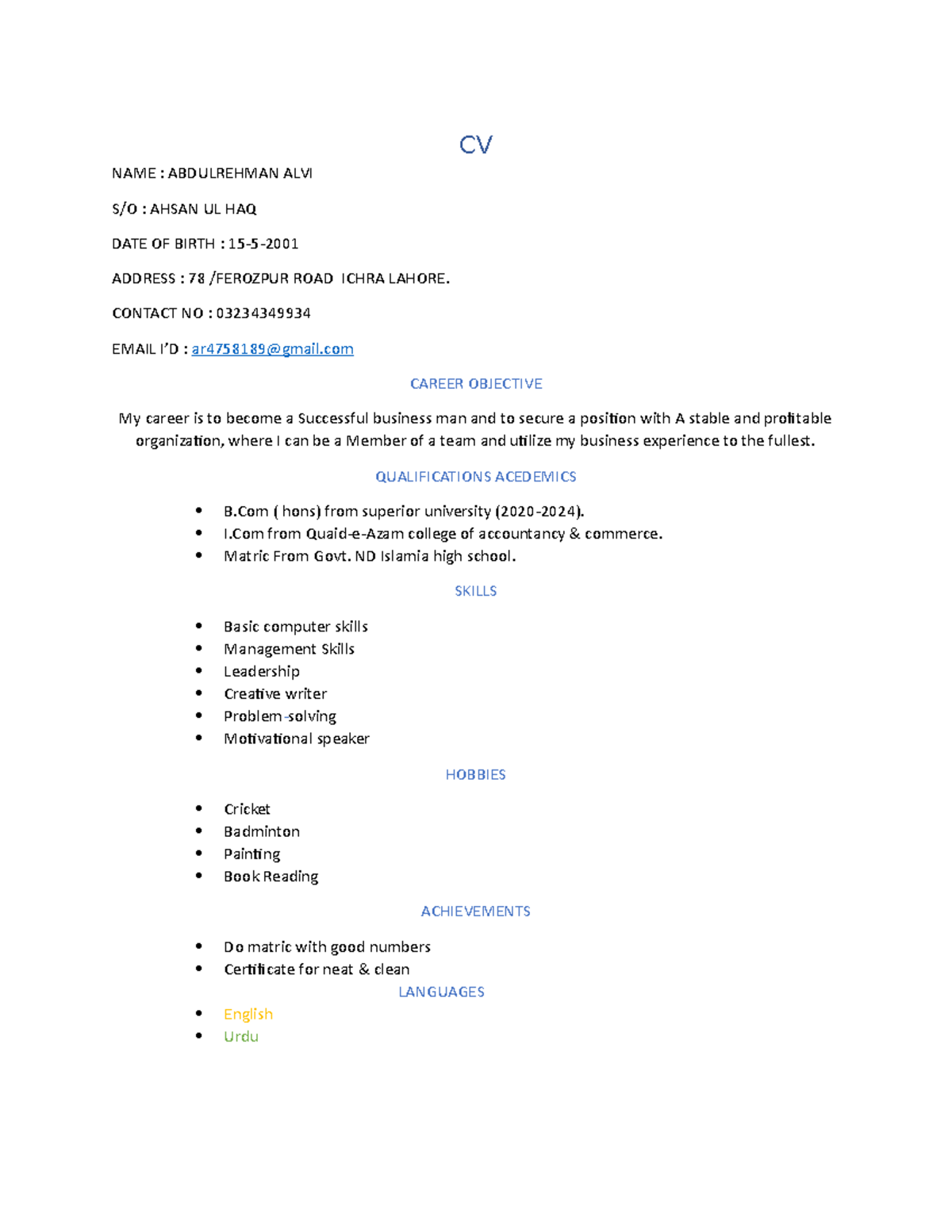 Bchm-f20-030 Abdul Rehman Alvi CV - CV NAME : ABDULREHMAN ALVI S/O ...