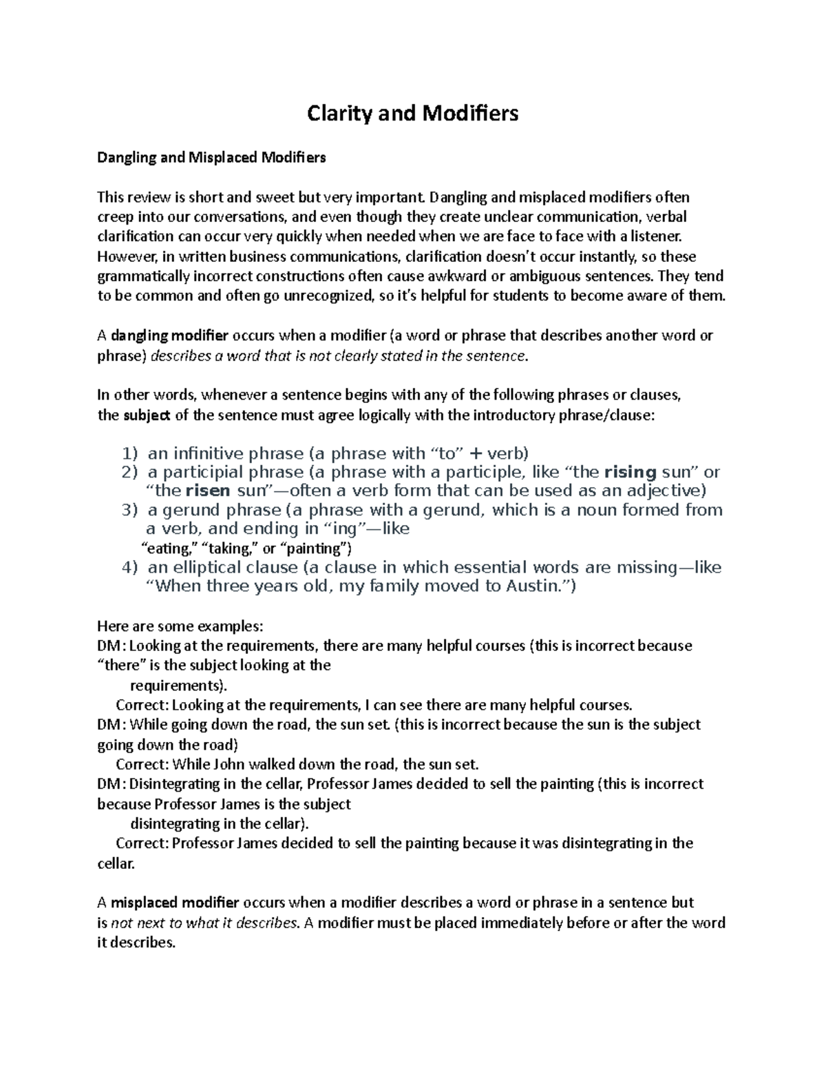 Clarity and Modifiers Notes - Clarity and Modifiers Dangling and ...