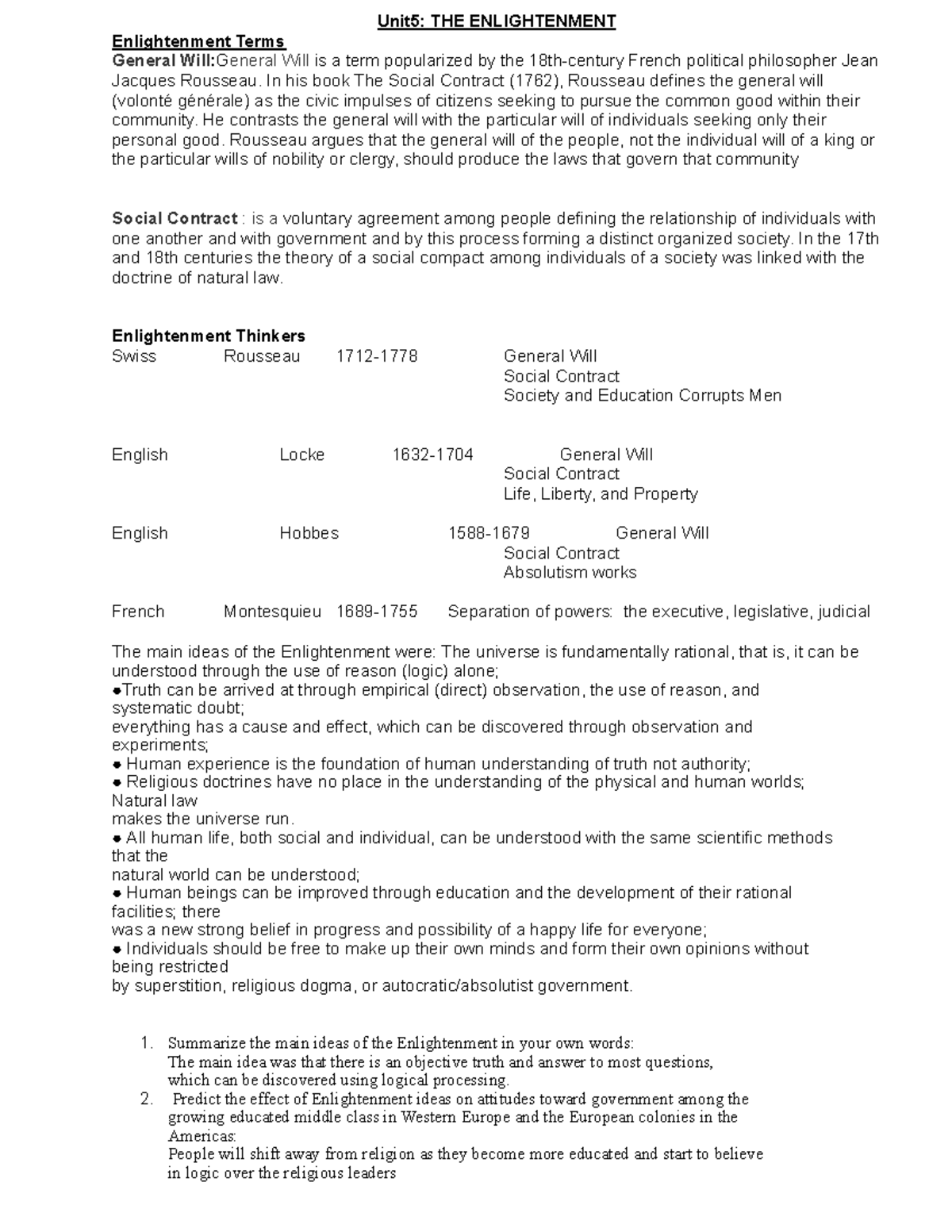 Copy of Enlightenment Handout - Unit5: THE ENLIGHTENMENT Enlightenment ...
