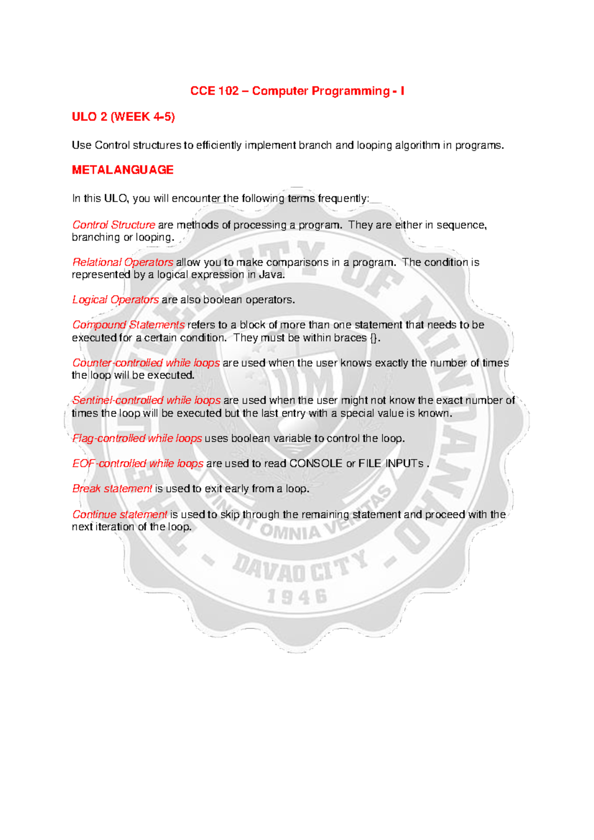 CCE 102 SIM Week4 - Learning material - CCE 102 – Computer Programming - I ULO 2 (WEEK 4 - 5 ...