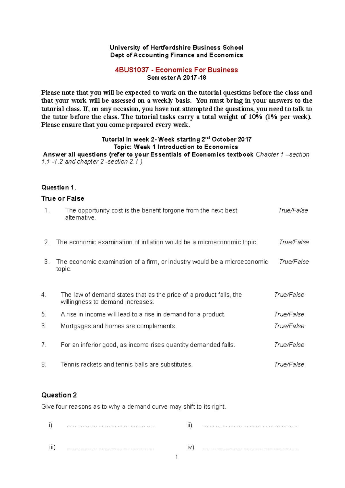 4BUS1037 Weeks 1-11 Tutorial questions 2017 - University of ...