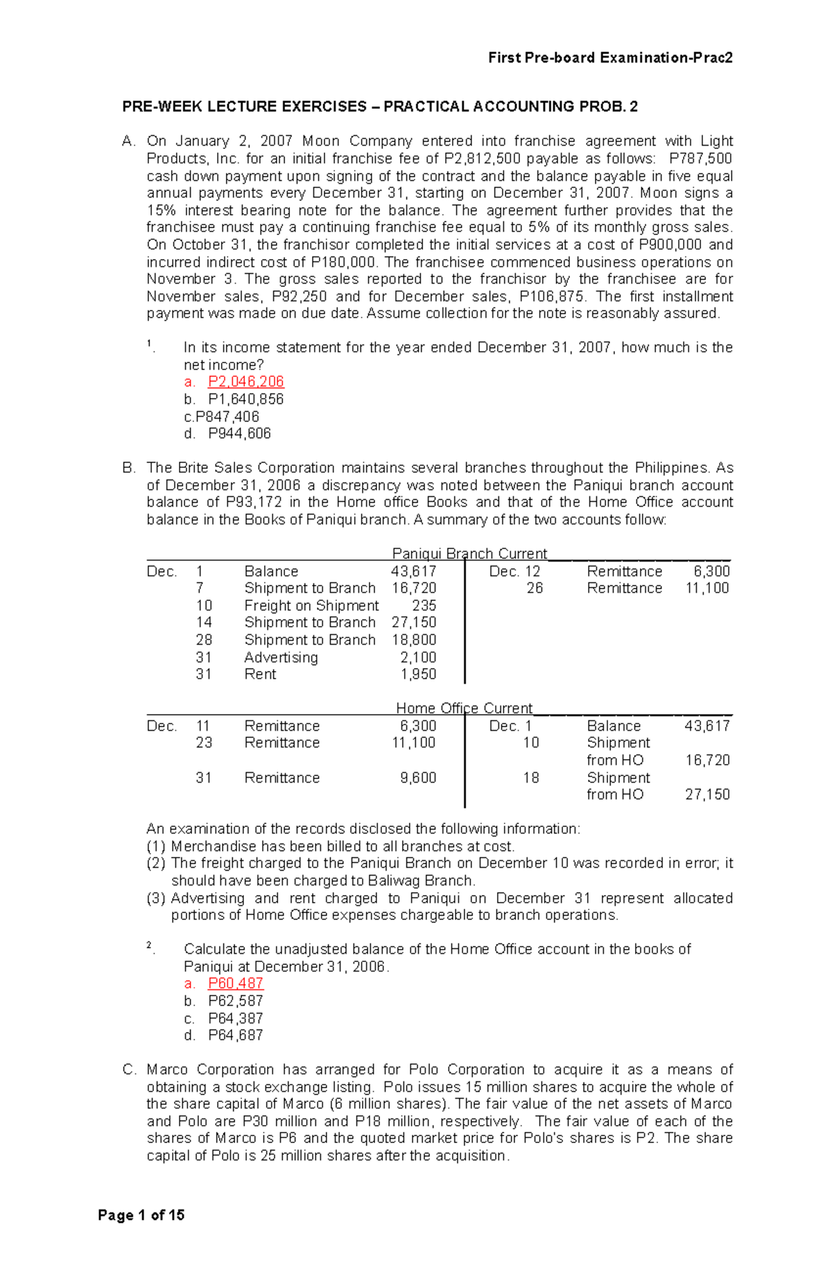 Pdfcoffee - study material - First LECTURE EXERCISES PRACTICAL ACCOUNTING PROB. 2 A. On January ...