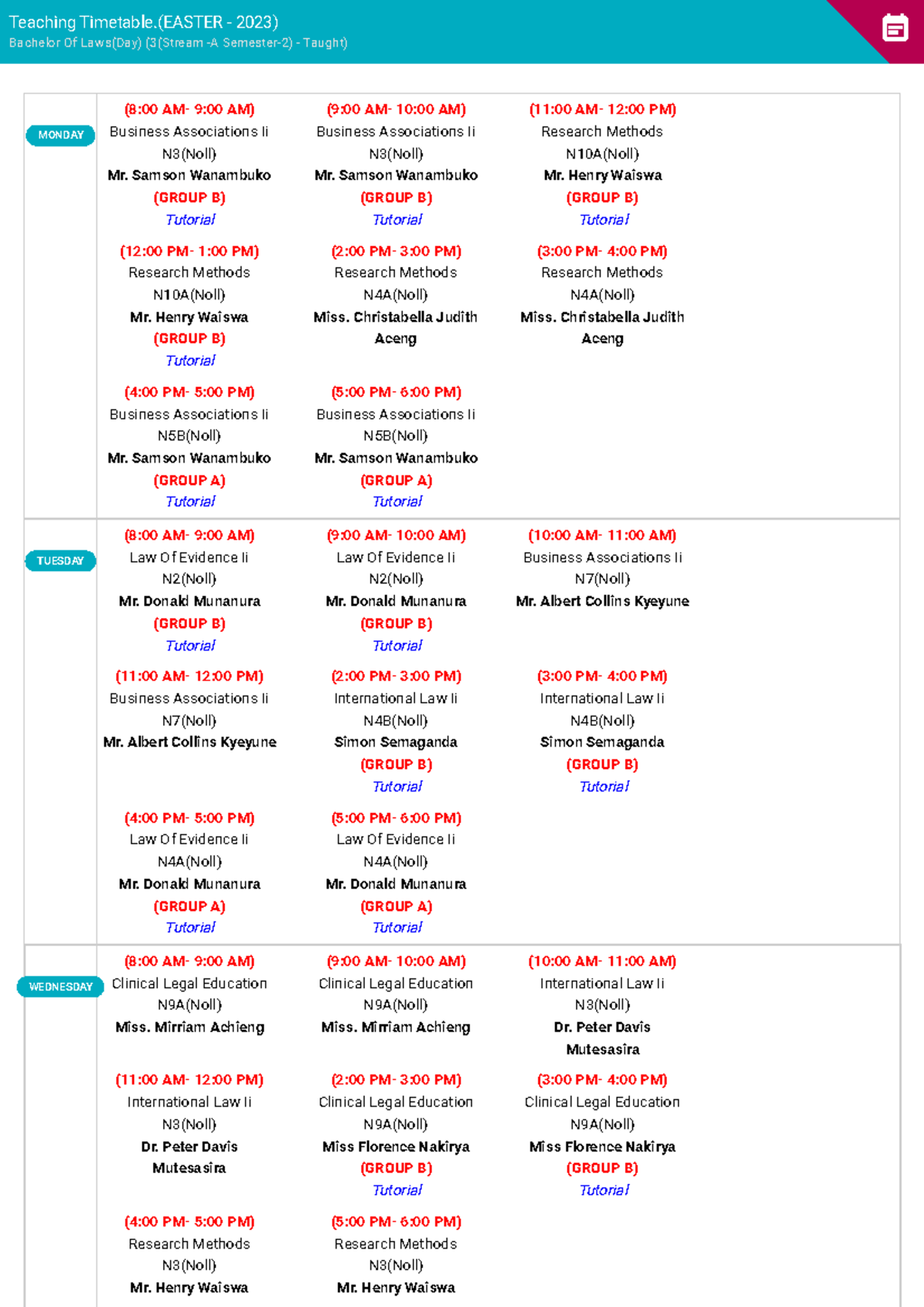 LLB 3 Stream A Final Main - Teaching Timetable.(EASTER - 2023) Bachelor ...