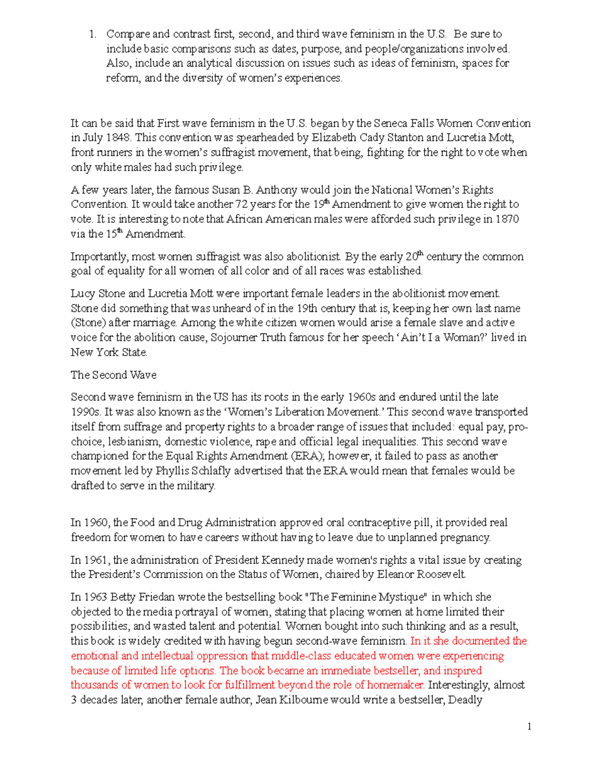 1 2 3 Feminism - 1. Compare and contrast first, second, and third wave ...