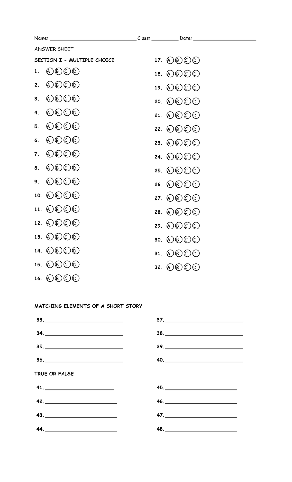1B AND 1L EXAM Answer Sheet - Name: _____________________________ Class ...