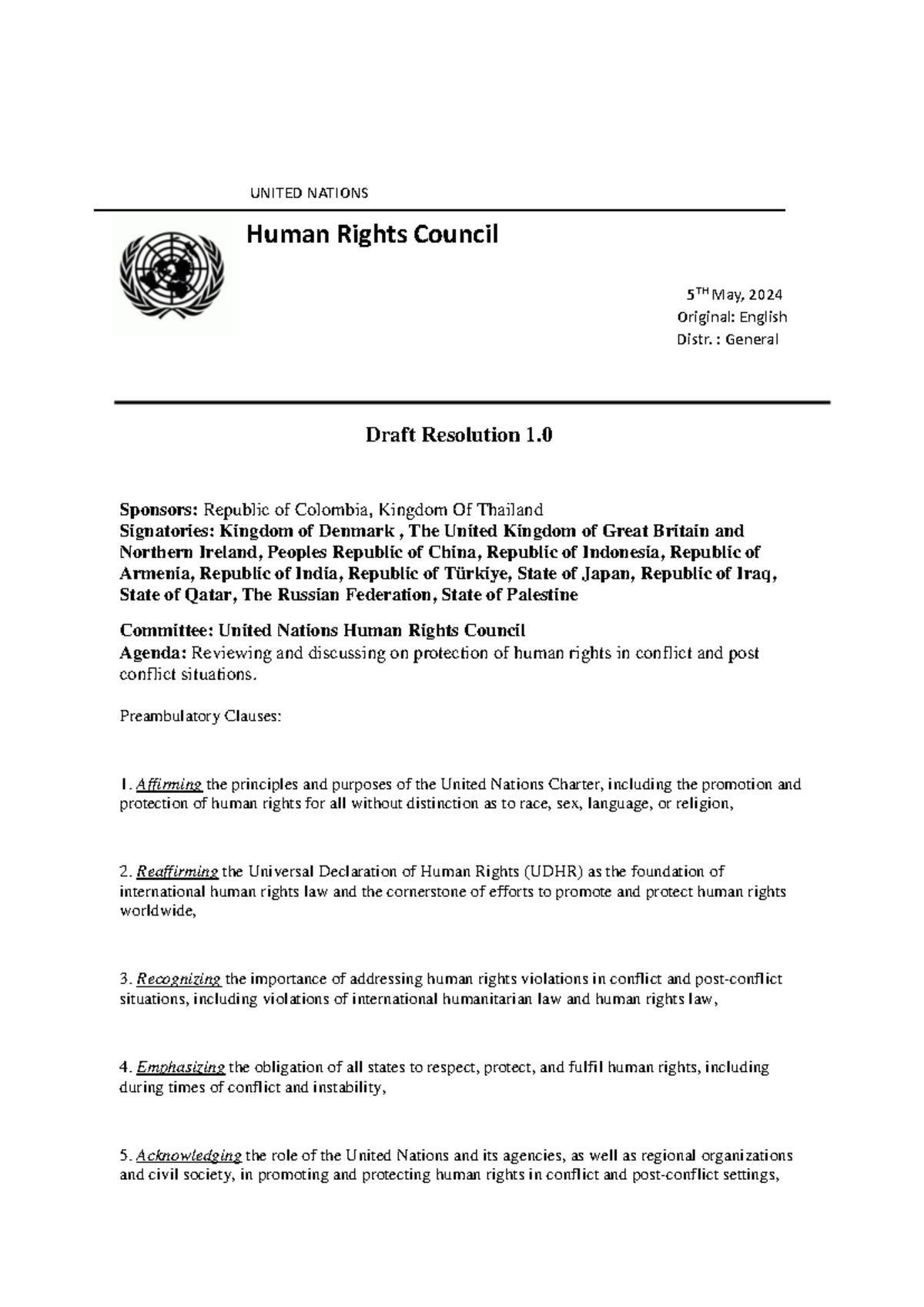 Draft Resolution 1.0 - UNITED NATIONS Draft Resolution 1. Sponsors ...