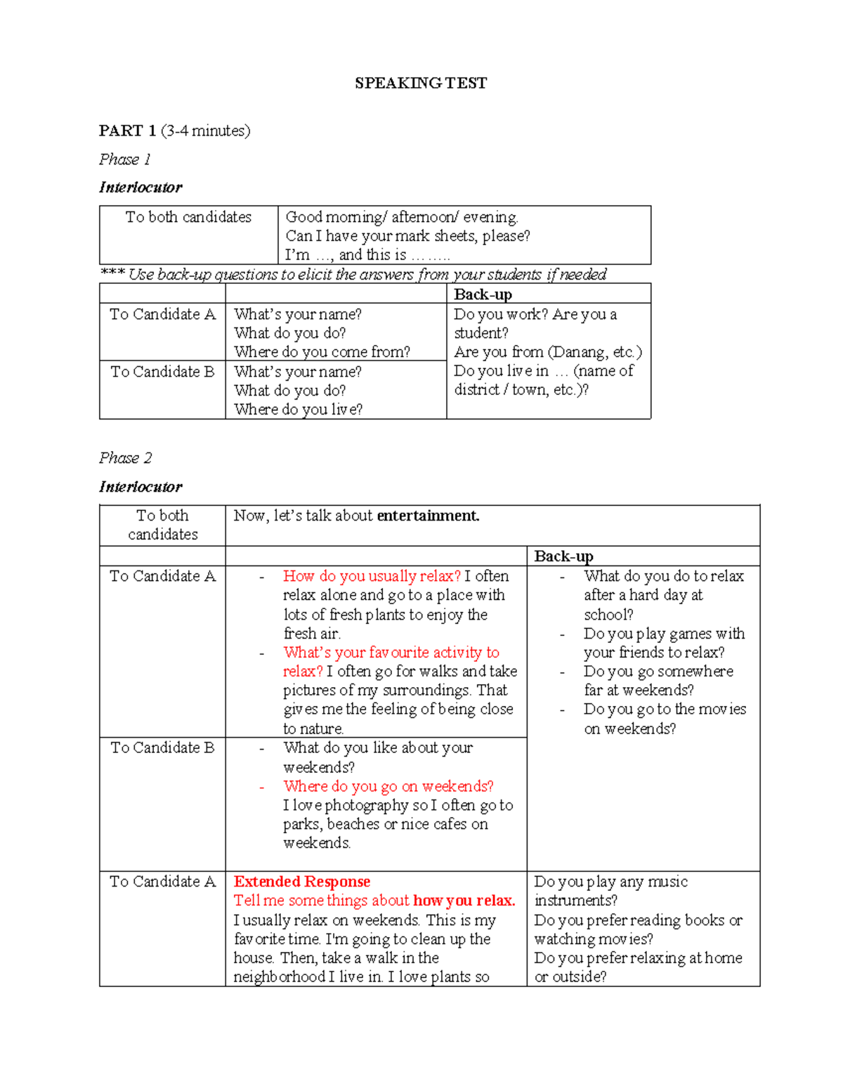 FE4 Speaking-unit 11,12 - SPEAKING TEST PART 1 (3-4 minutes) Phase 1 ...