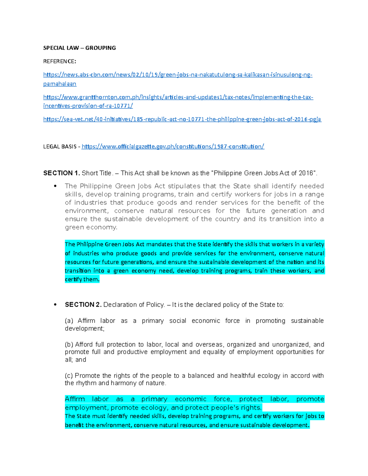 Special-LAW- Groupings - SPECIAL LAW – GROUPING REFERENCE: - Studocu