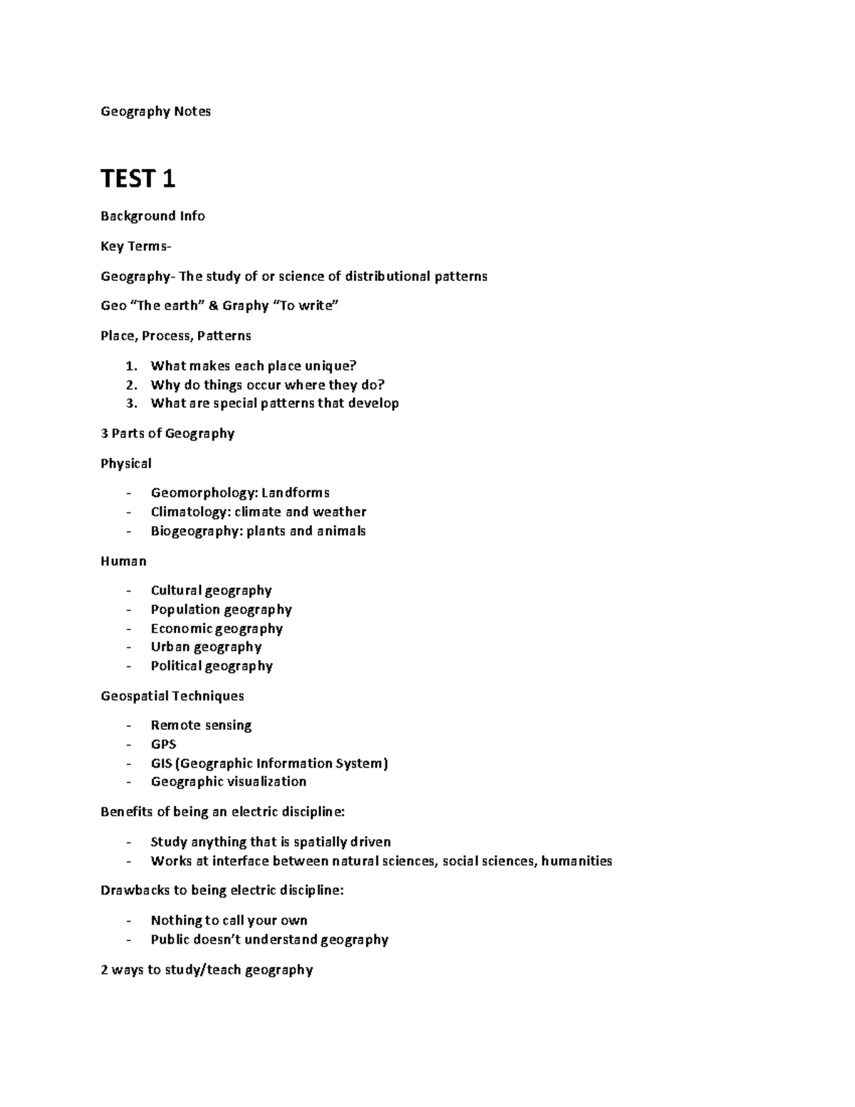 Geography Notes - Jeffrey smith - Geography Notes TEST 1 Background ...