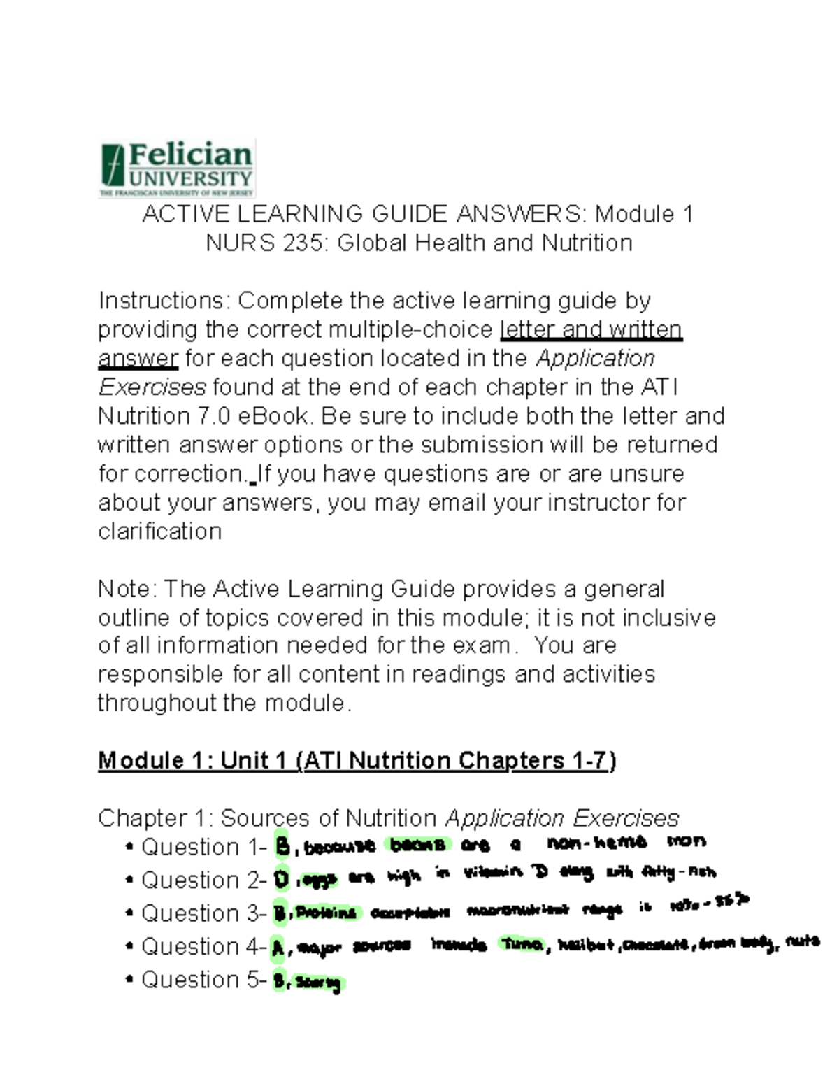 Module 1 Active Learning Guide Nutrition 235 - ACTIVE LEARNING GUIDE ANSWERS: Module 1 NURS 235 ...