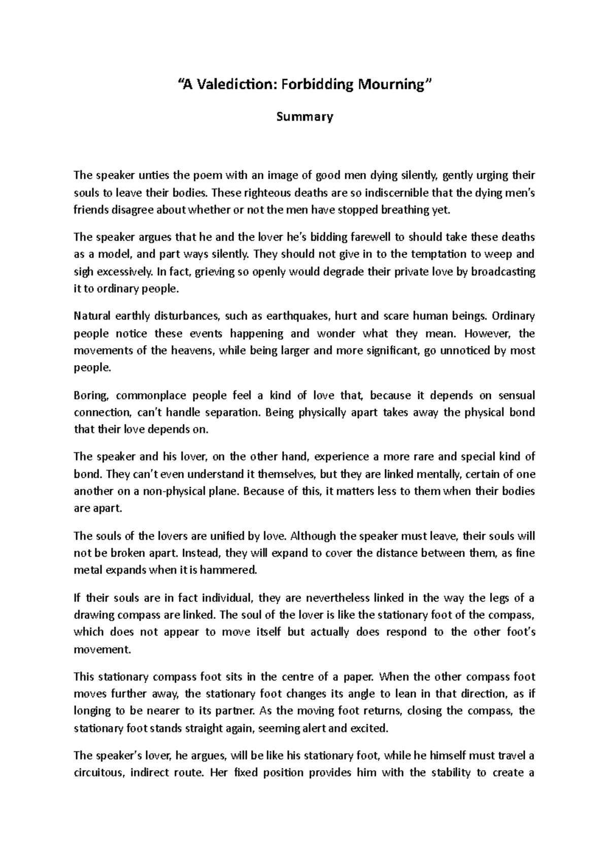 A Valediction summ - “A Valediction: Forbidding Mourning” Summary The ...