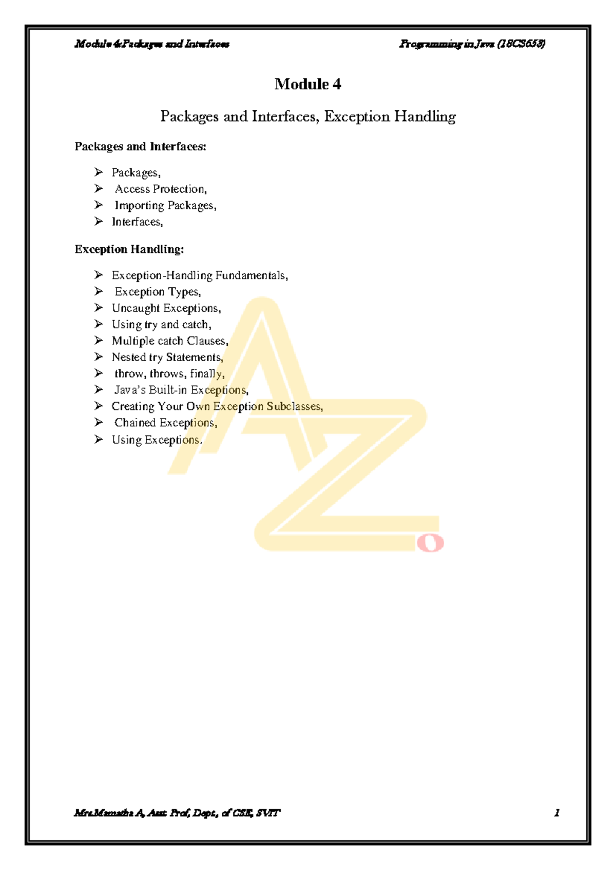 JAVA Mod4@Az Documents.in - Module 4 Packages and Interfaces, Exception Handling Packages and ...
