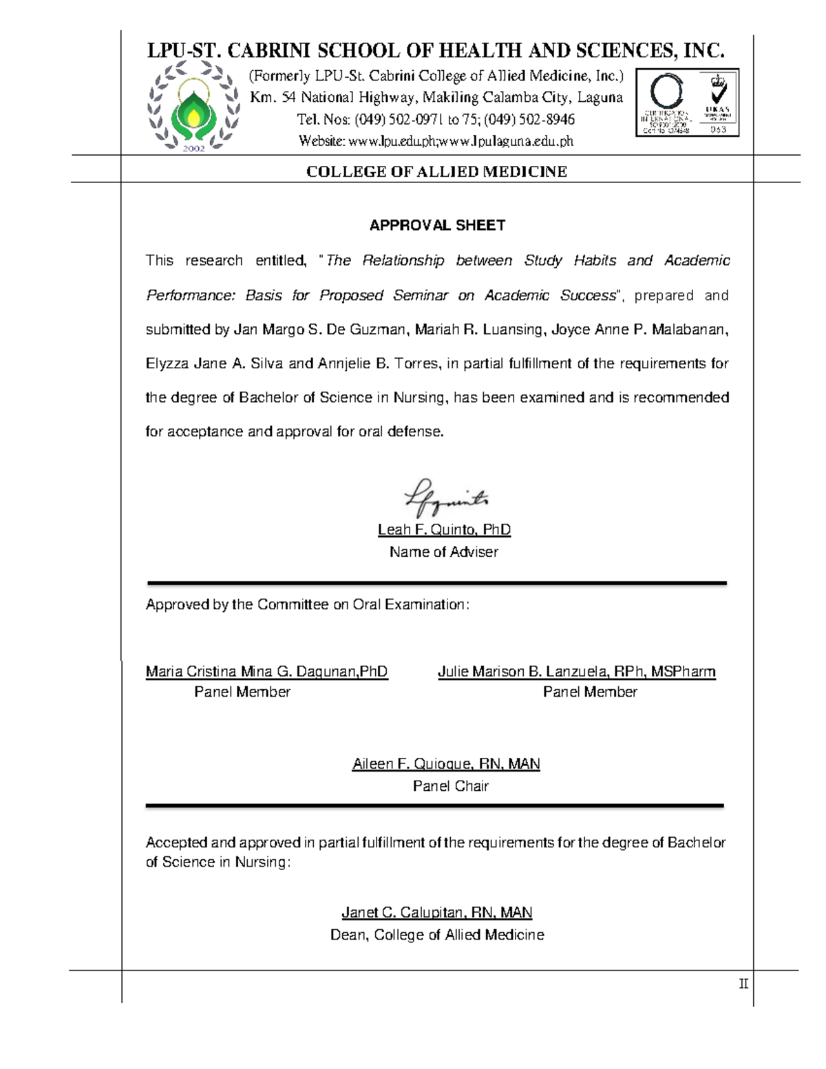 Approval Sheet wt e-sig - LPU-ST. CABRINI SCHOOL OF HEALTH AND SCIENCES ...