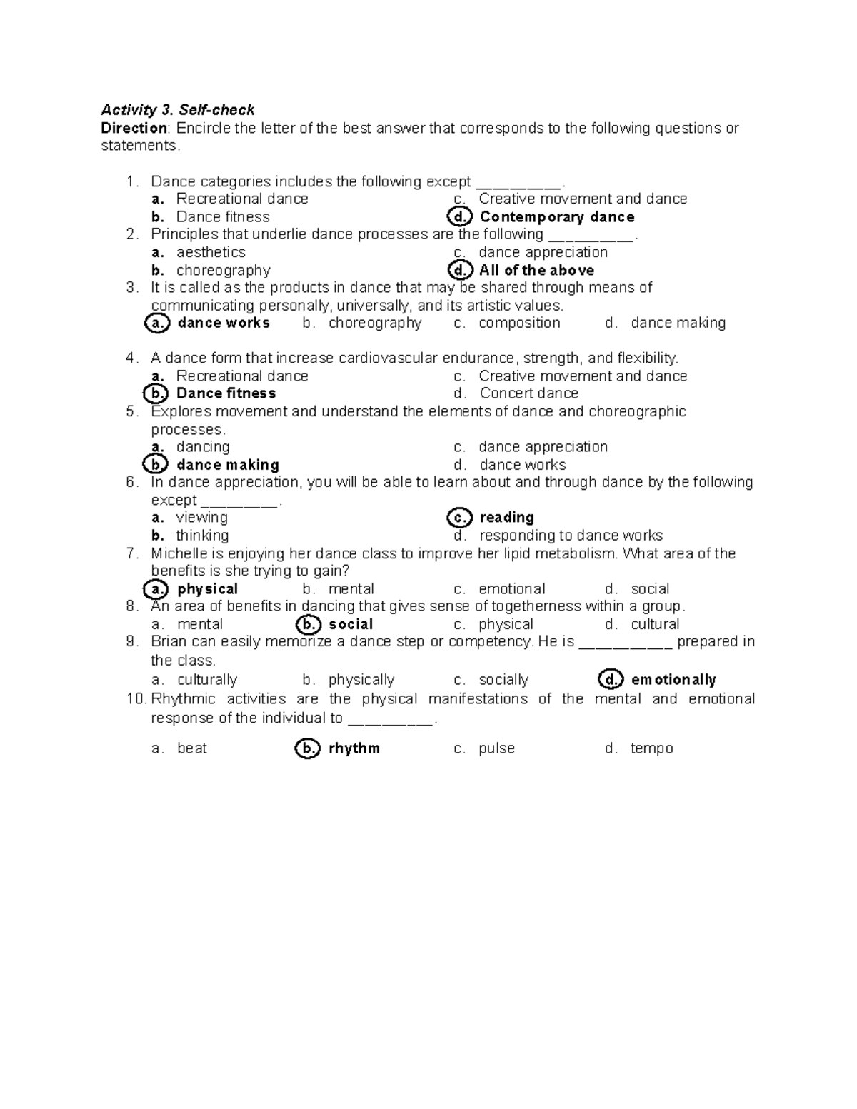 TEAM Sports - Activity 3 - Activity 3. Self-check Direction : Encircle ...