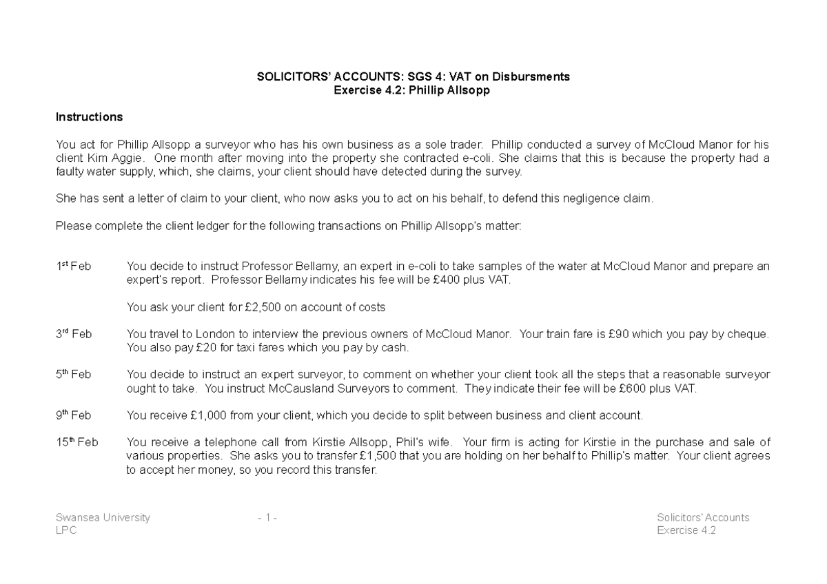 Exercise 4 - client ledger - SOLICITORS’ ACCOUNTS: SGS 4: VAT on ...